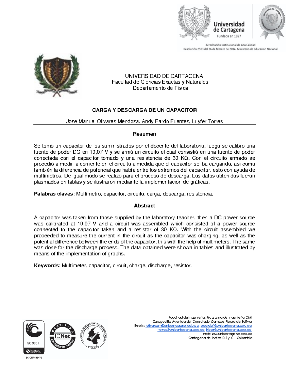 Carga y descarga de un capacitor - Facultad de ingeniería, Programa de ...