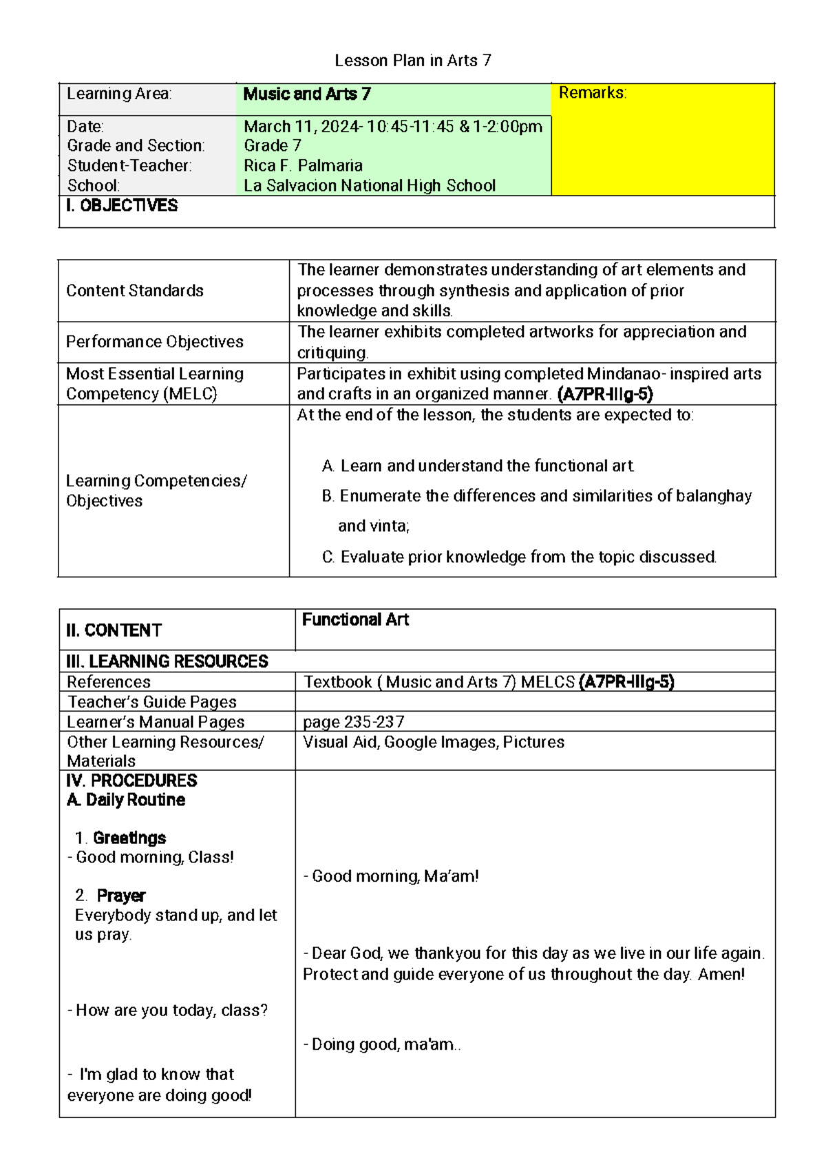 ARTS7-DLP - Lesson Plan in Arts 7 Learning Area: Music and Arts 7 ...