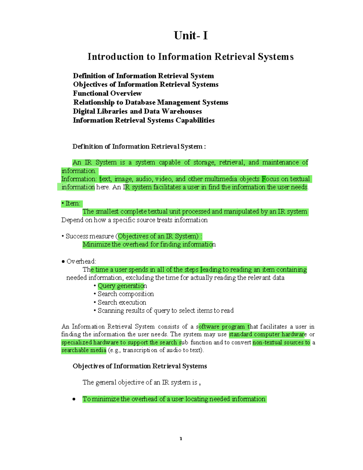 IRS unit-1 - useful - Unit- I Introduction to Information Retrieval Systems Definition of - Studocu