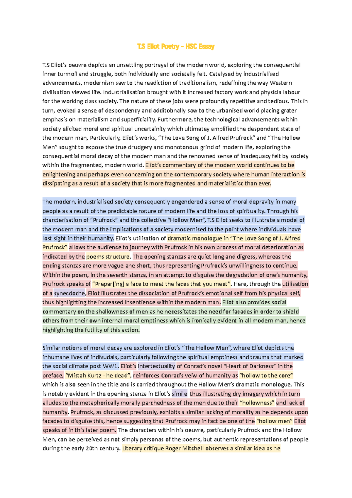 Module b hsc exam essay - T Eliot Poetry - HSC Essay T Eliot’s oeuvre ...