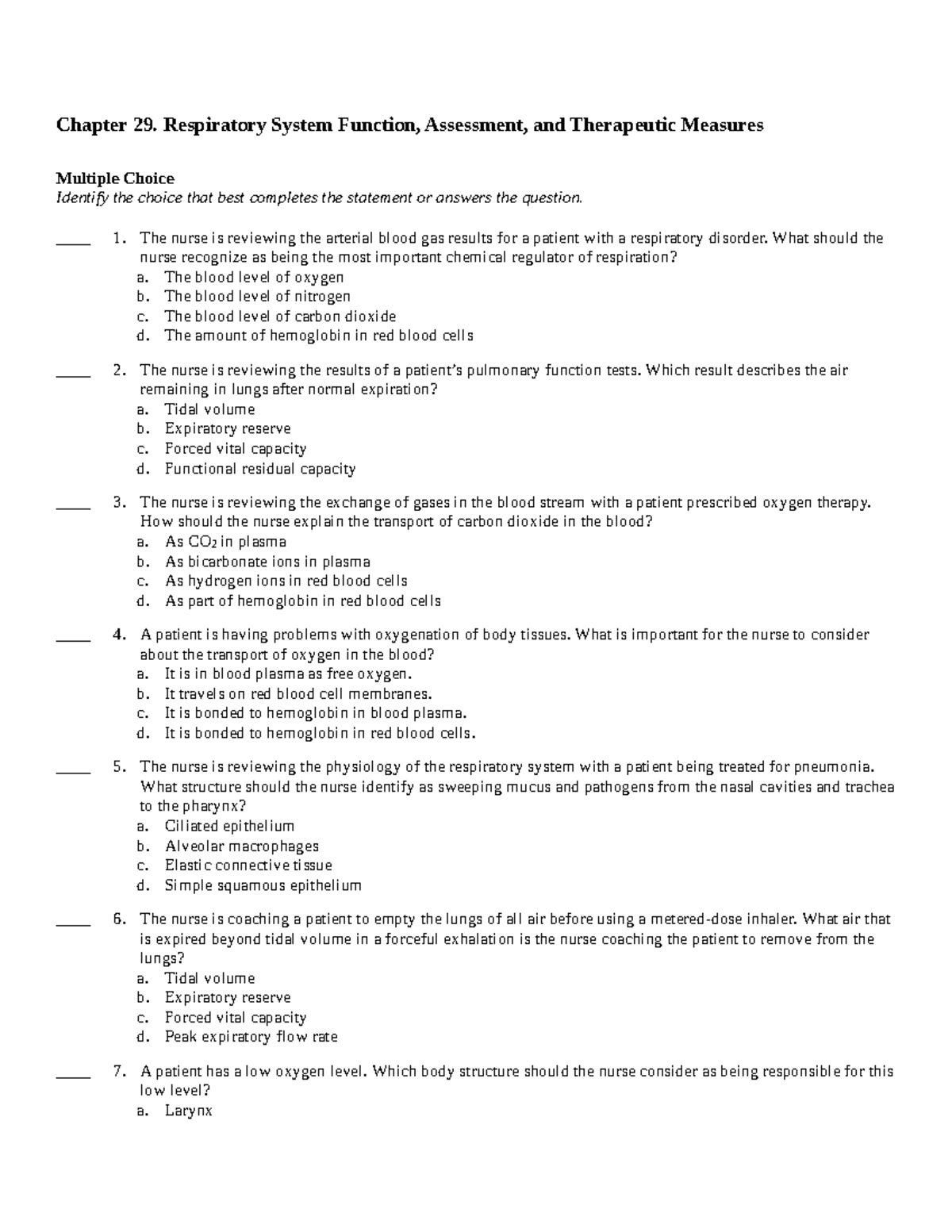 Ch29 - practice tests - Chapter 29. Respiratory System Function ...