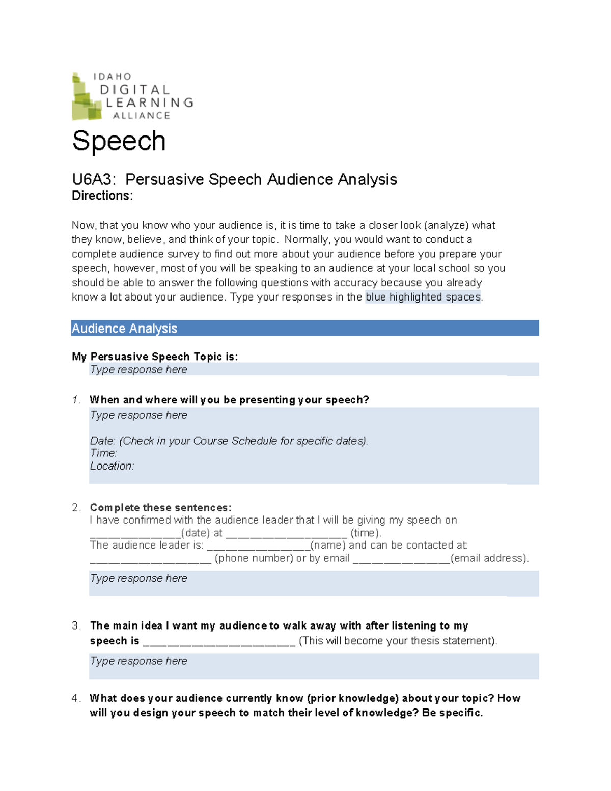 DCSpeech Unit 6Audience Assignment Sheet - Speech U6A3: Persuasive ...