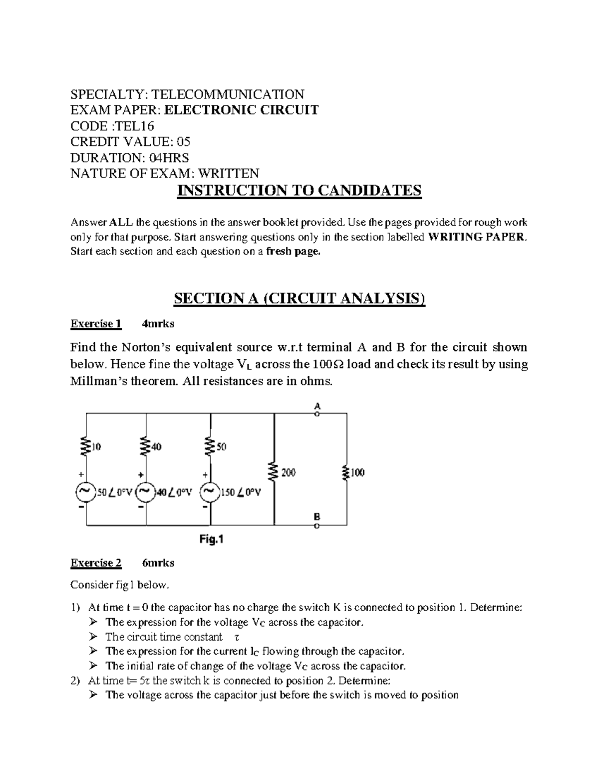 Electronic Circuit Setting B - SPECIALTY: TELECOMMUNICATION EXAM PAPER ...