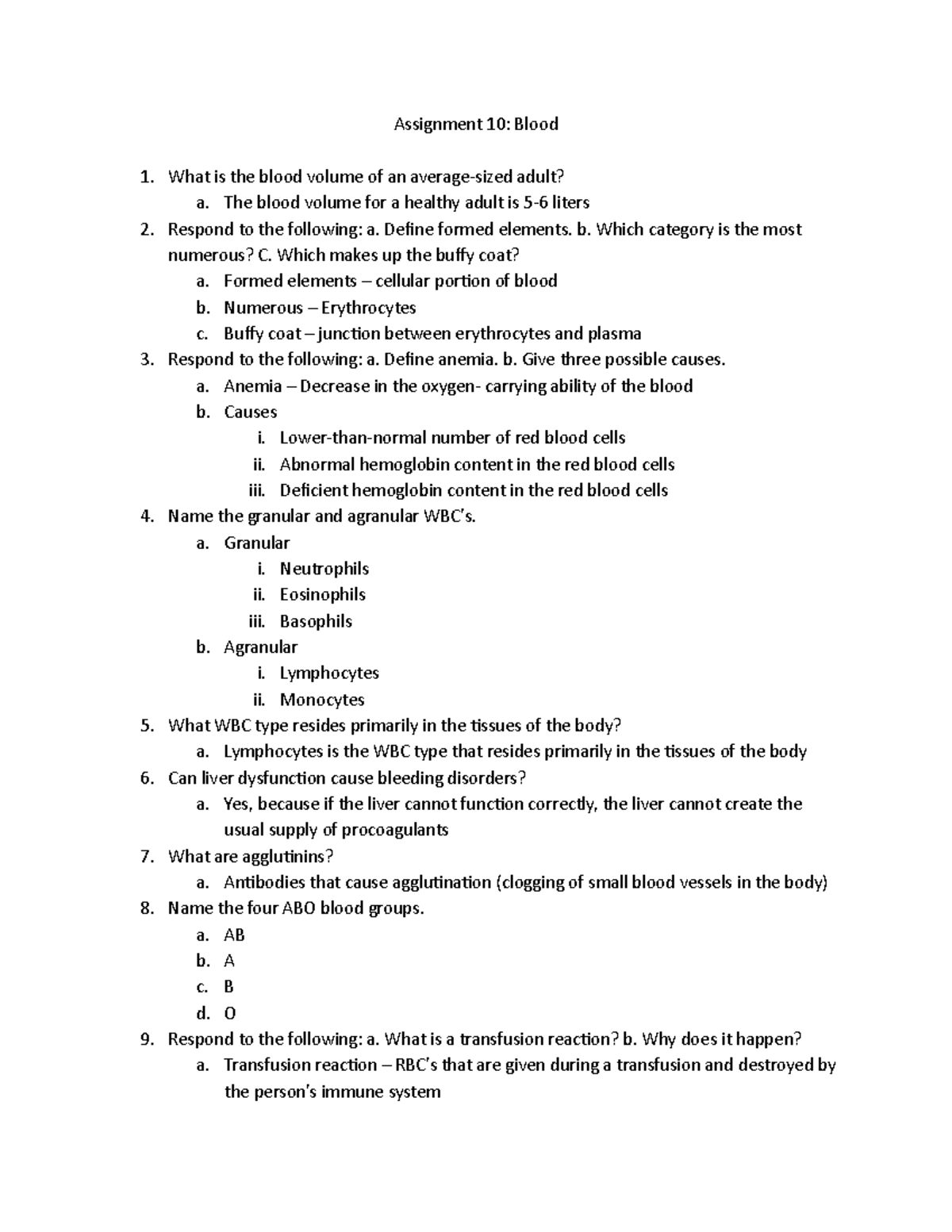 Chapter 10 Blood - Assignment 10: Blood What is the blood volume of an ...
