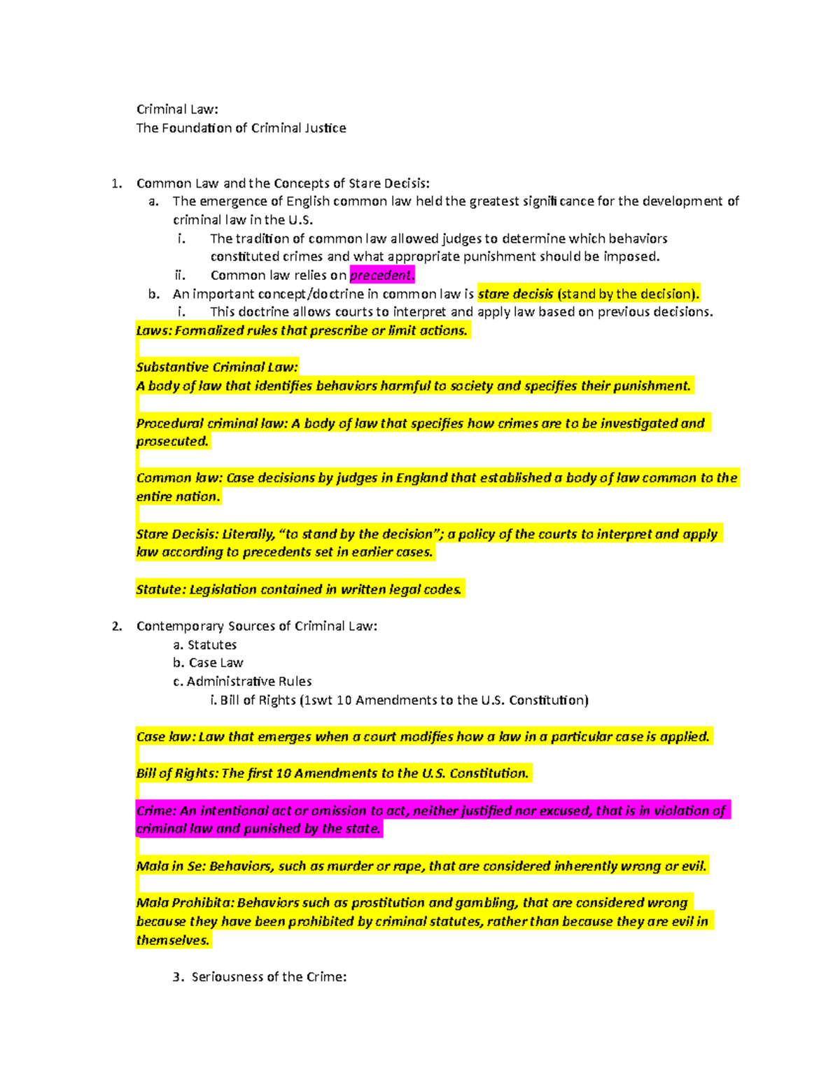 Cj 1010 notes lecture 3 - Criminal Law: The Foundation of Criminal ...