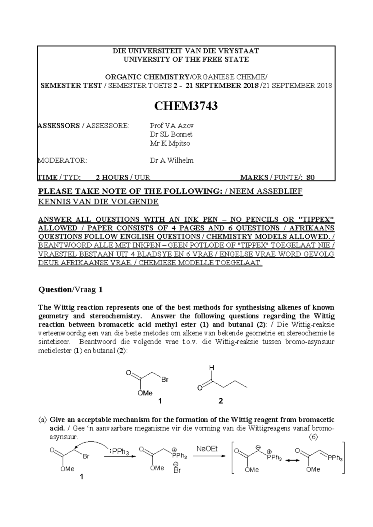 2018 CHEM3743 ST2 memo - semester test 2 memo- organic chemistry ...