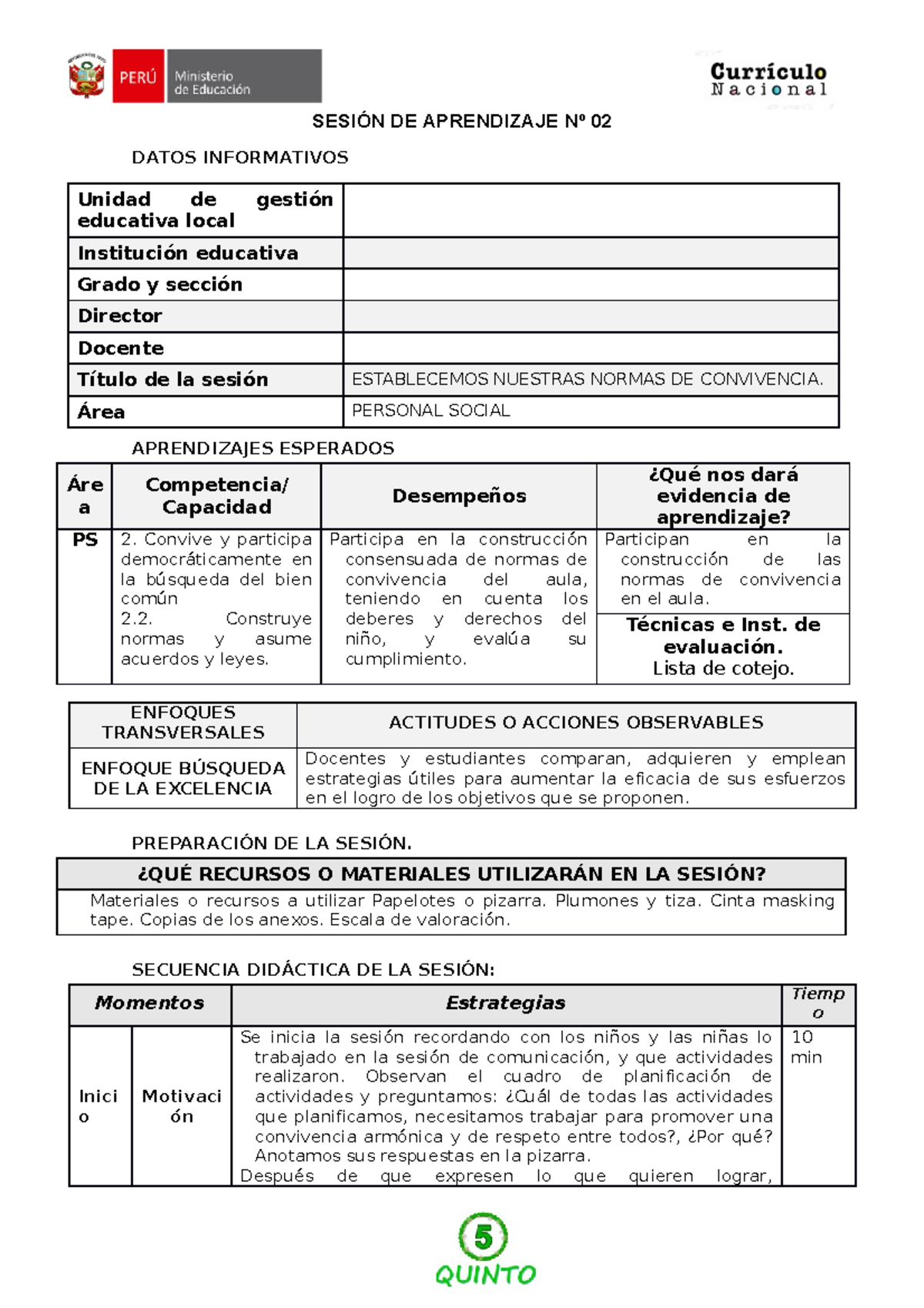 Sesion DE Aprendizaje N° 02 - PS - SESIÓN DE APRENDIZAJE Nº 02 DATOS INFORMATIVOS Unidad de ...