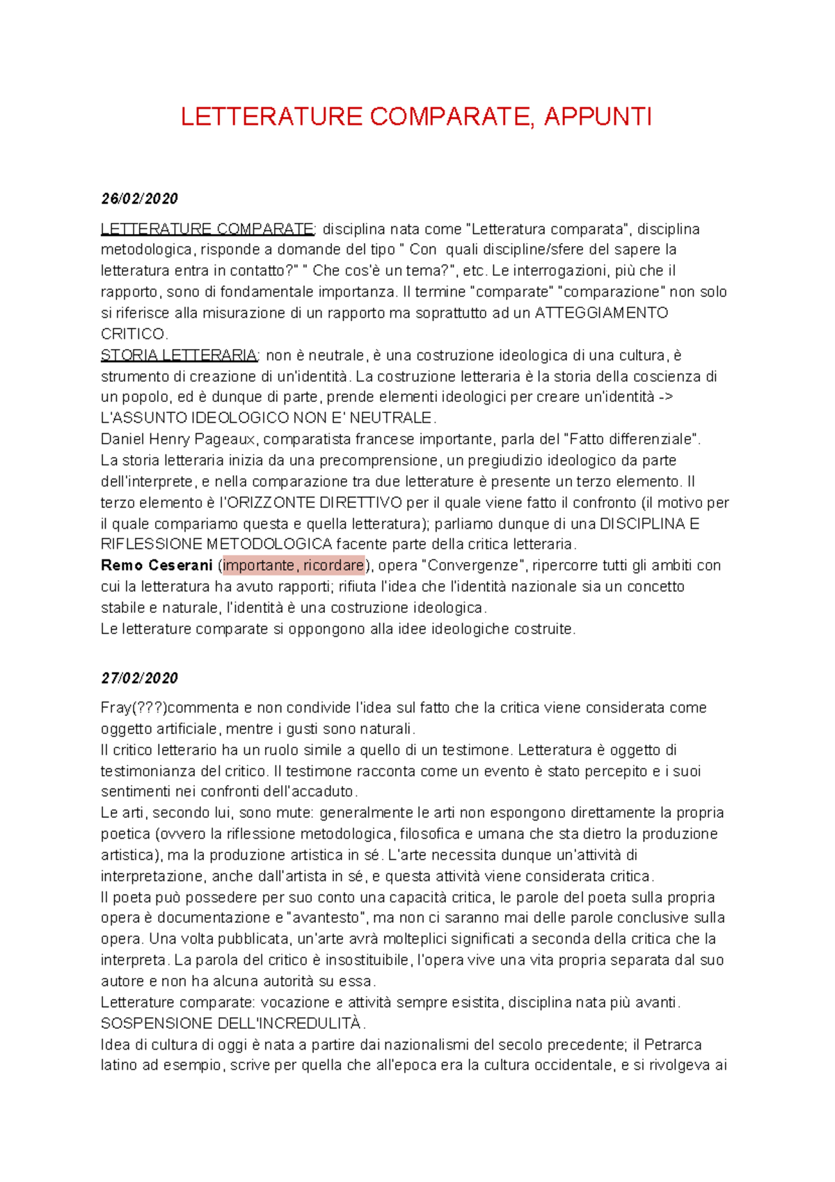 Letterature Comparate Appunti, Fastelli - LETTERATURE COMPARATE ...
