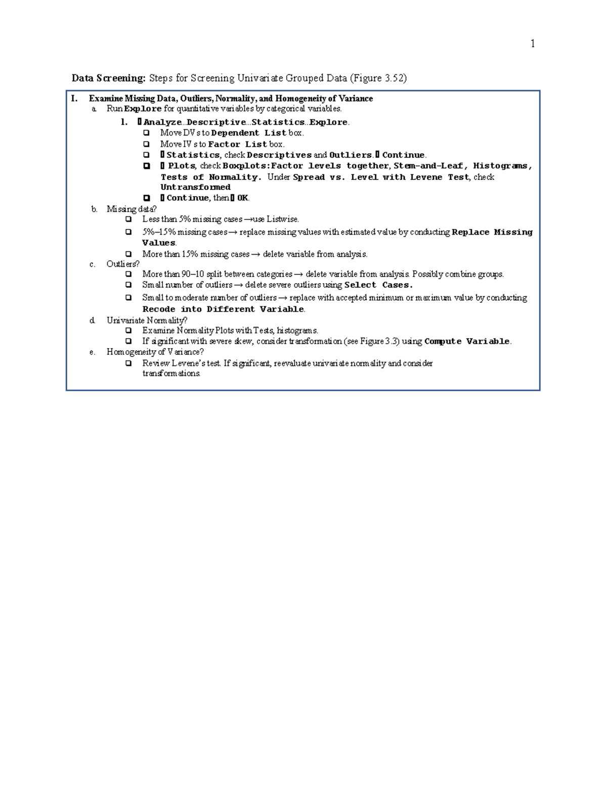 Checklists Screening - Data Screening: Steps for Screening Univariate Grouped Data (Figure 3) I ...