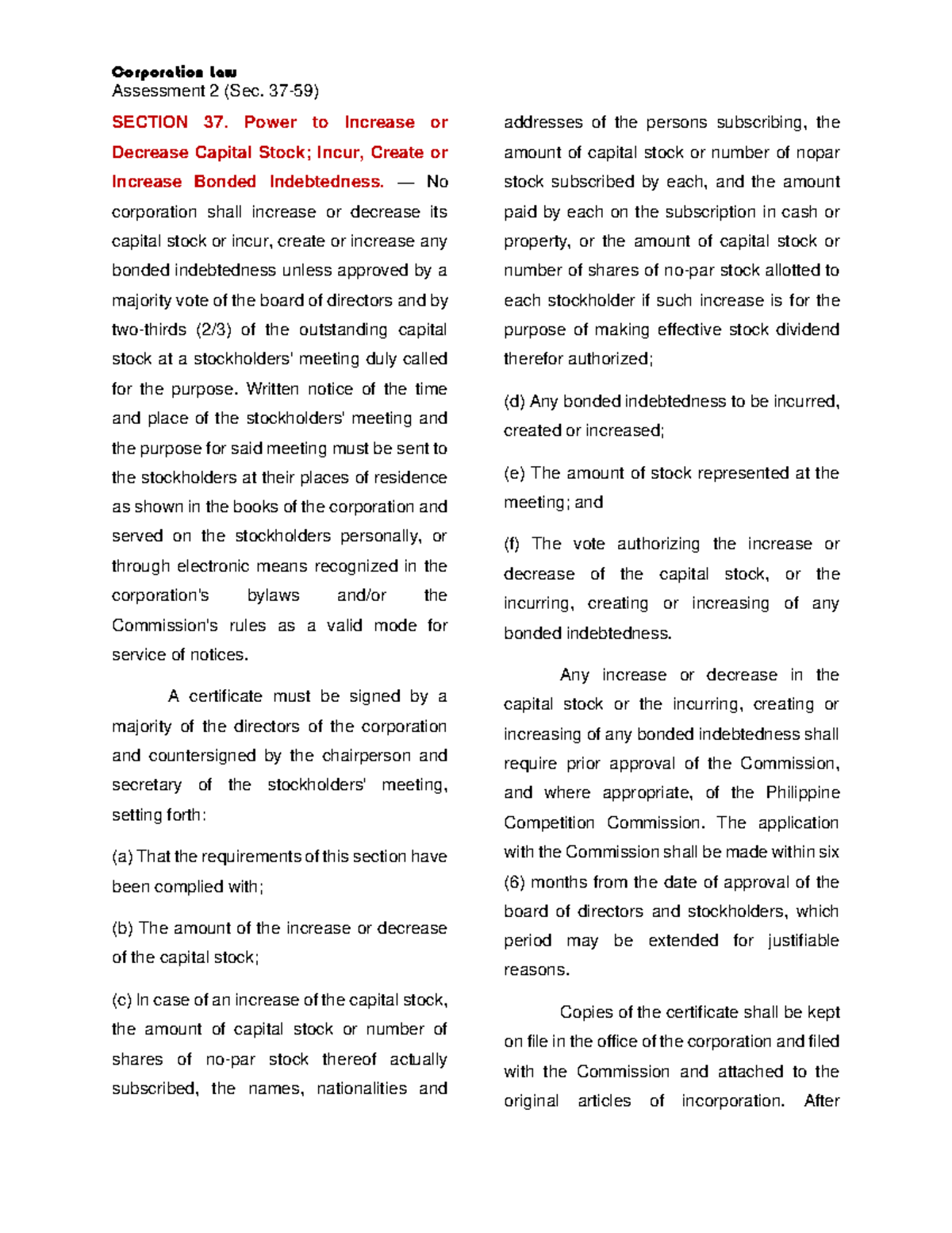 Corp Law Sec 37 59 - Corp Law Sec 37 59 - Assessment 2 (Sec. 37-59 ...