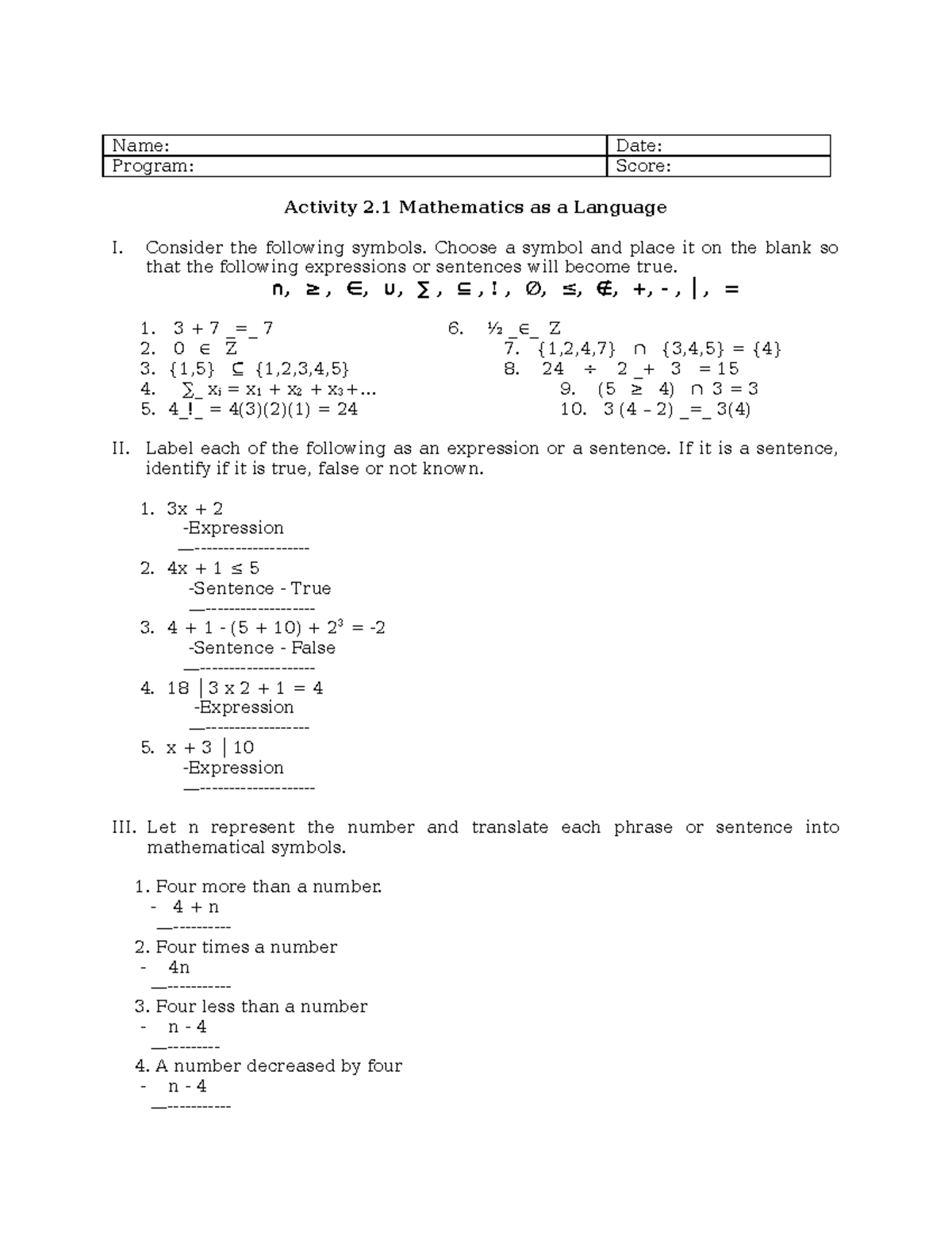 MMW Activity - Name: Date: Program: Score: Activity 2 Mathematics as a ...
