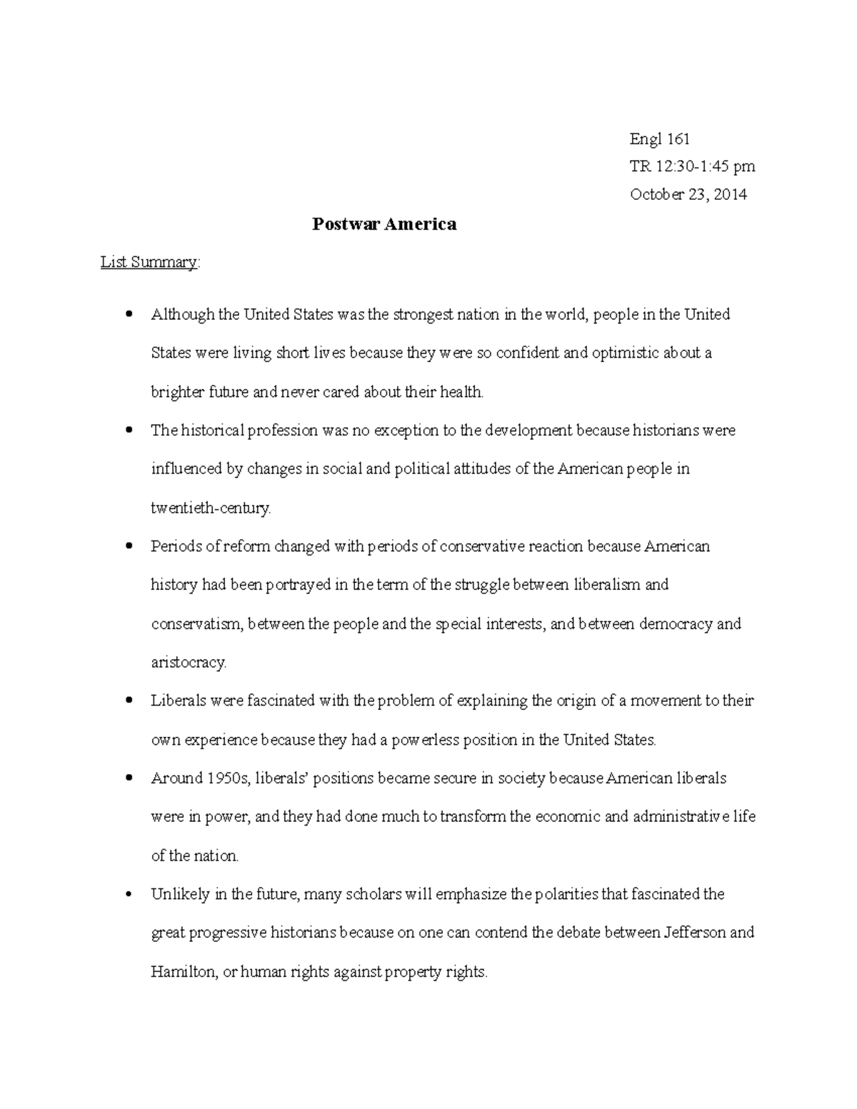 Hw for 10-23-14 Post war America - Engl 161 TR 12:30-1:45 pm October 23 ...