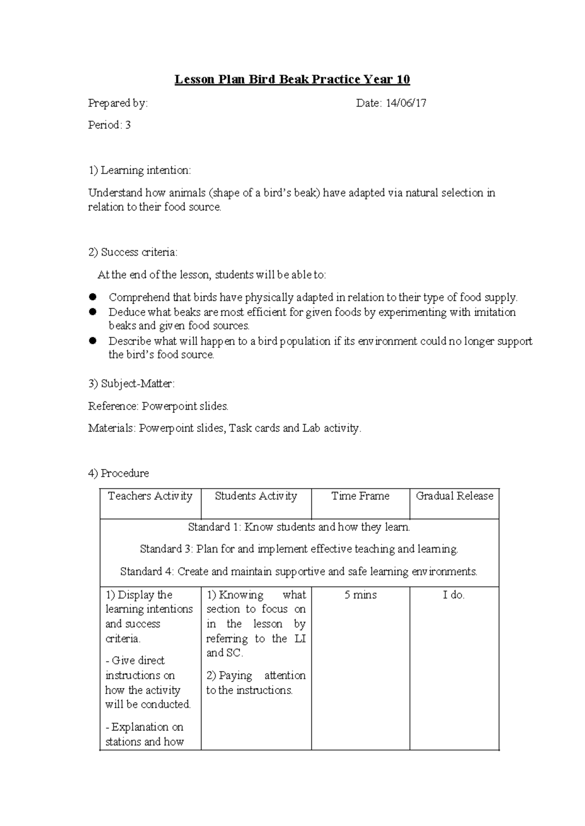 4 Year 10 Bird beak 14 June - Lesson Plan Bird Beak Practice Year 10 ...
