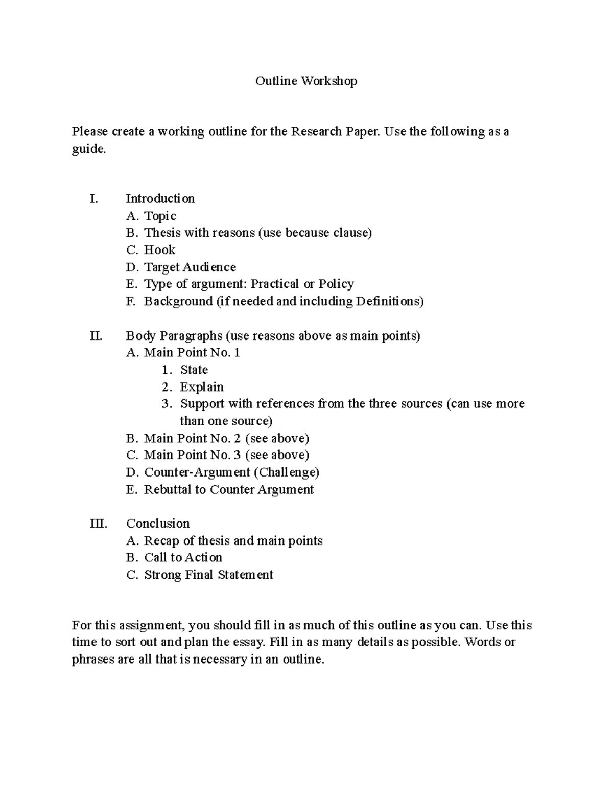 Outline workshop (1) sample - Outline Workshop Please create a working ...