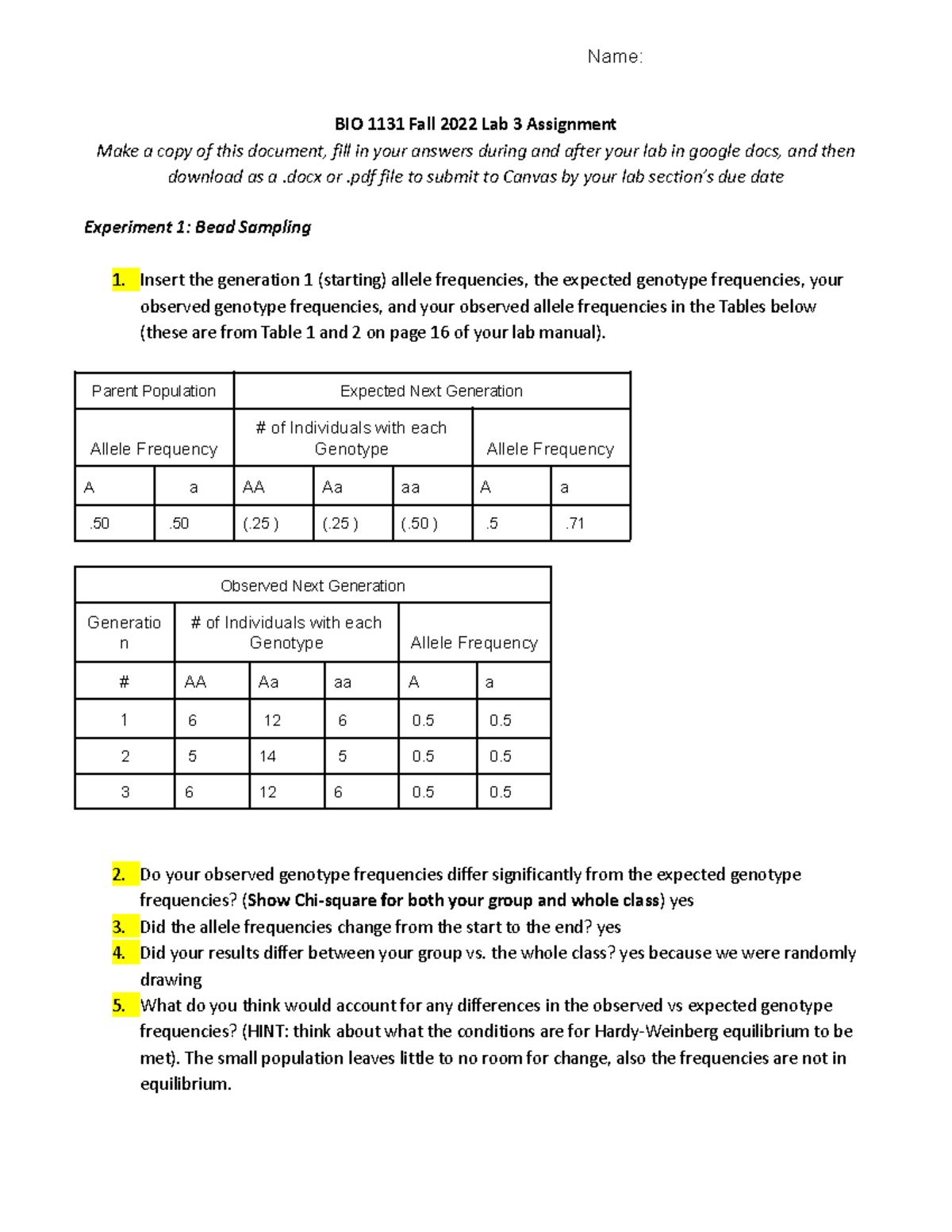 Lab 3 - bio lab 3 - BIO 1131 Fall 2022 Lab 3 Assignment Make a copy of ...