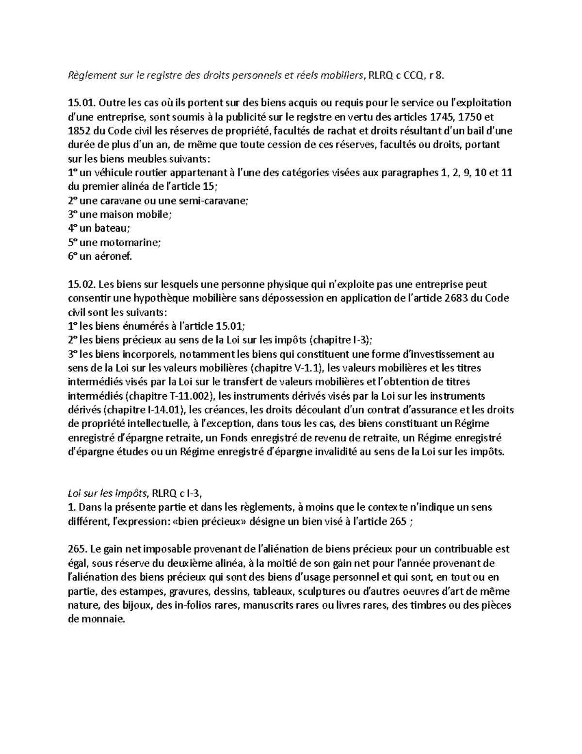 Articles du R- Rdprm et Loi sur les impôts - Règlement sur le registre ...