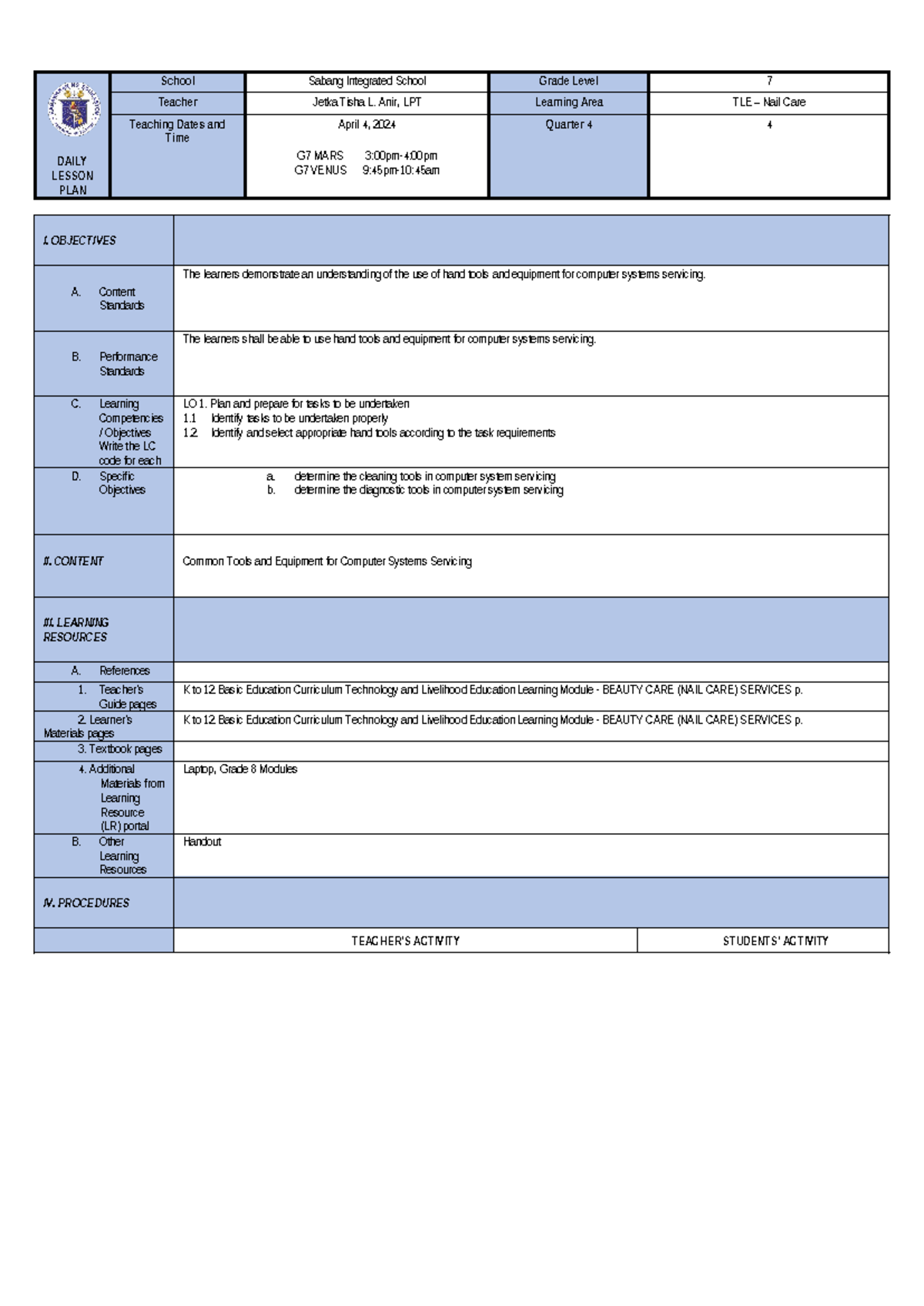TLE-7-DLP-Q4 L2- Cleaning Tools & Diagnostic Tool - DAILY LESSON PLAN ...