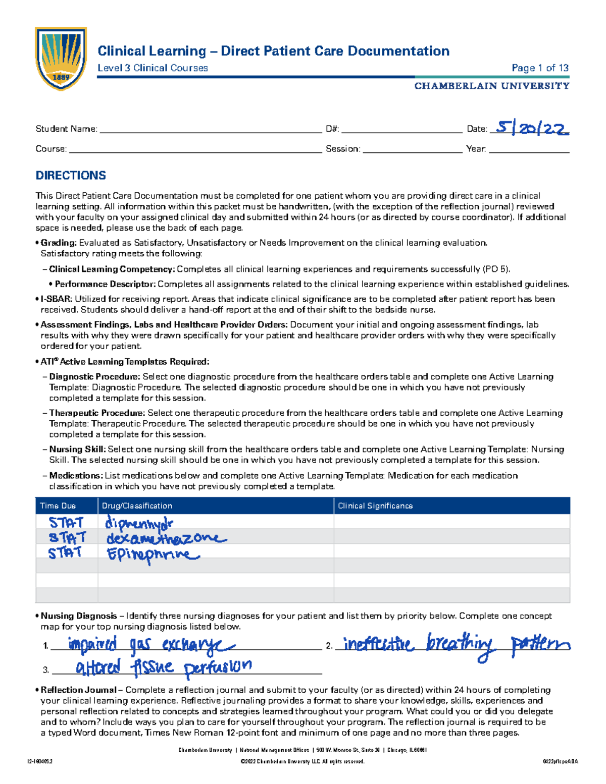 Week 3 Sim - clinical paperwork - Chamberlain University | National ...