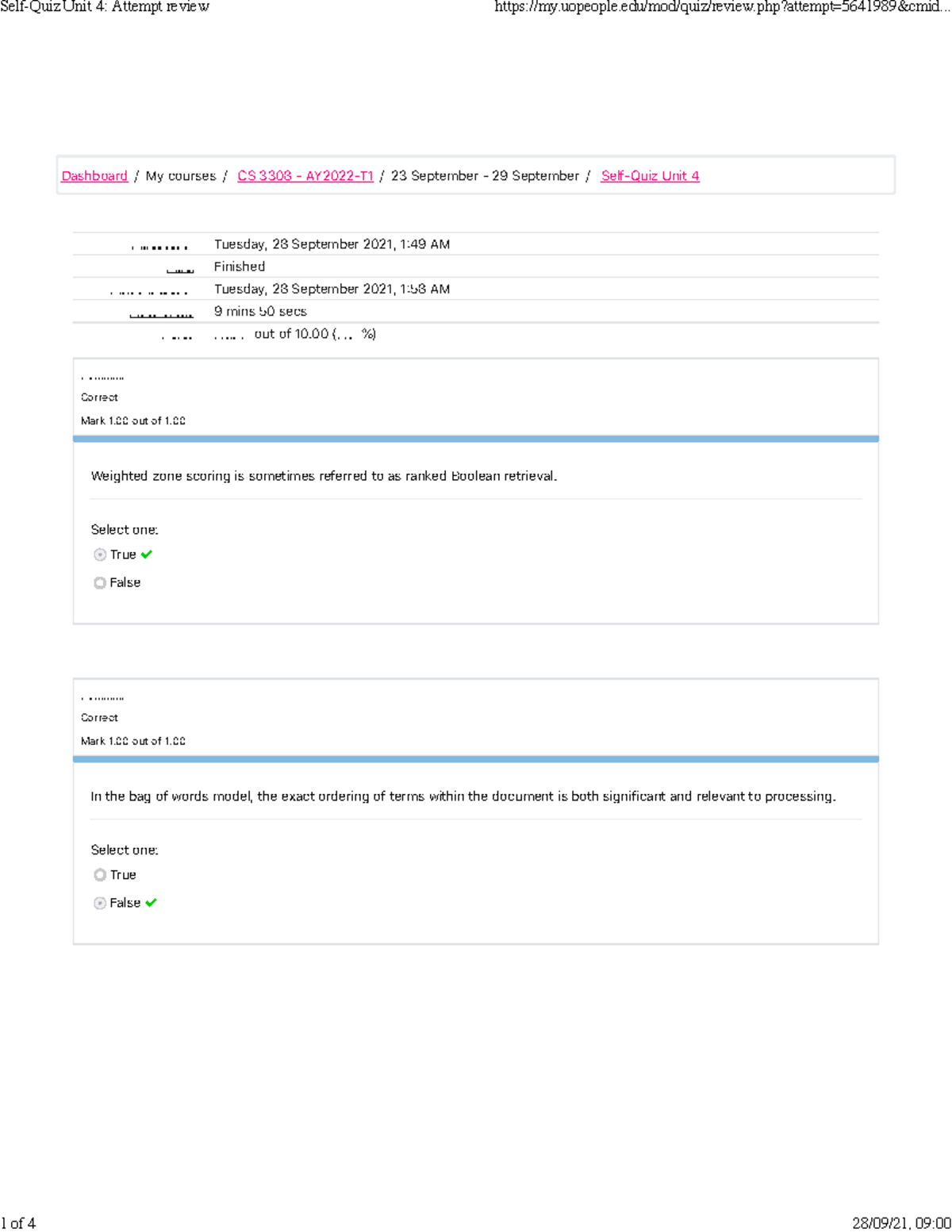 CS 3308 Self-Quiz Unit 4 Attempt review - !"#$"%& ' Tuesday, 28 September 2021, 1449 - Studocu
