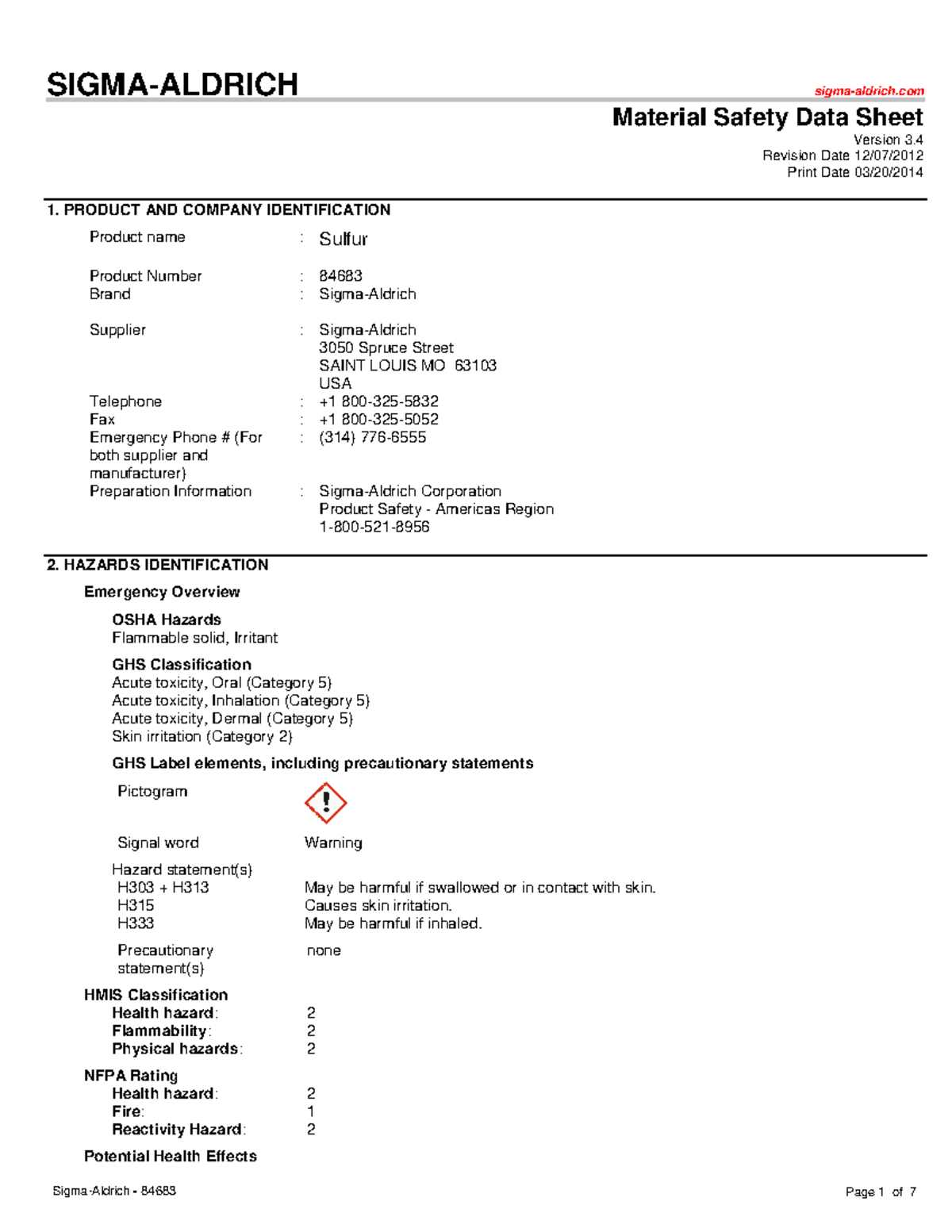 Sulfur - SDS - chemistry - SIGMA-ALDRICH sigma-aldrich Material Safety ...