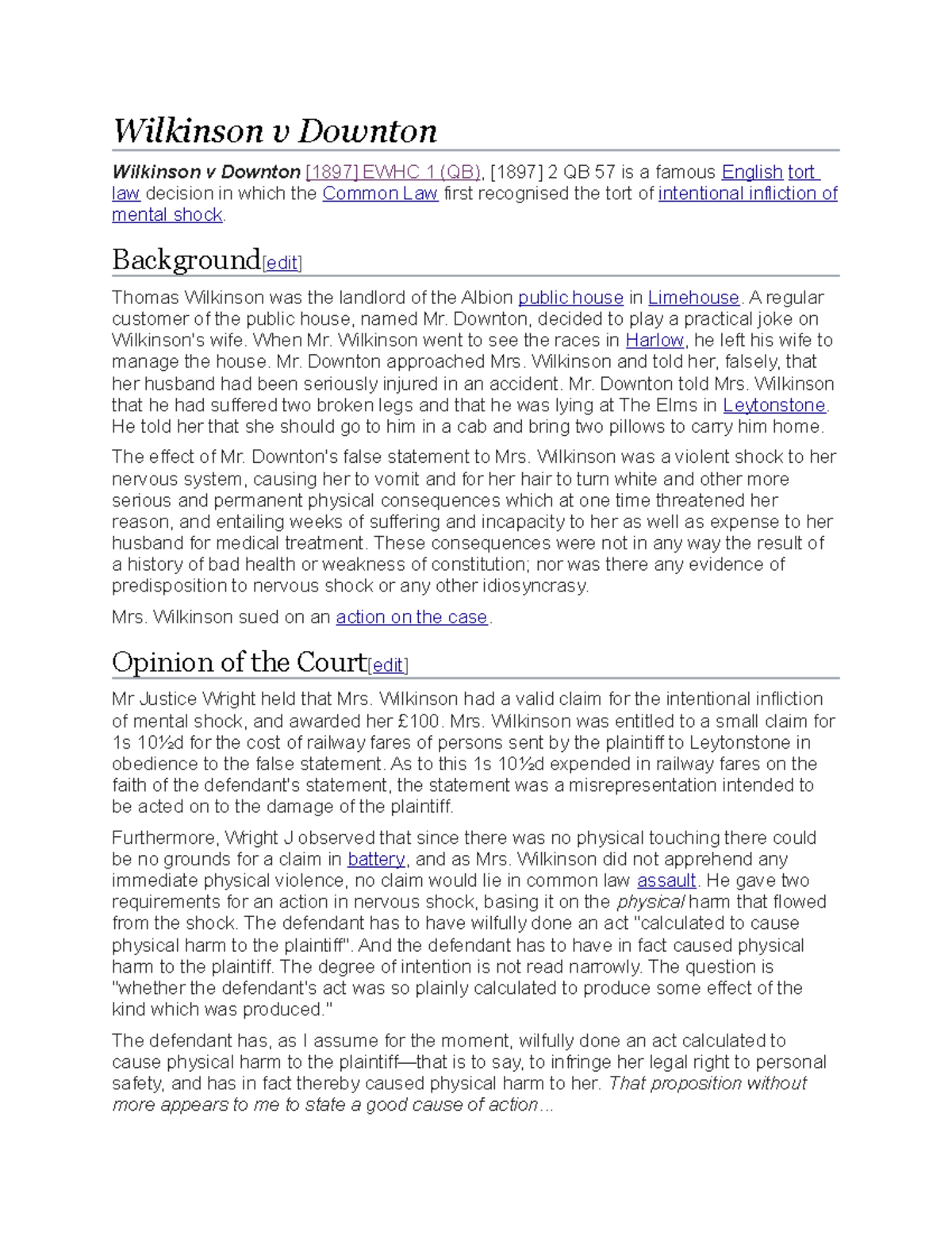 Wilkinson v Downton - Summary - Wilkinson v Downton Wilkinson v Downton ...