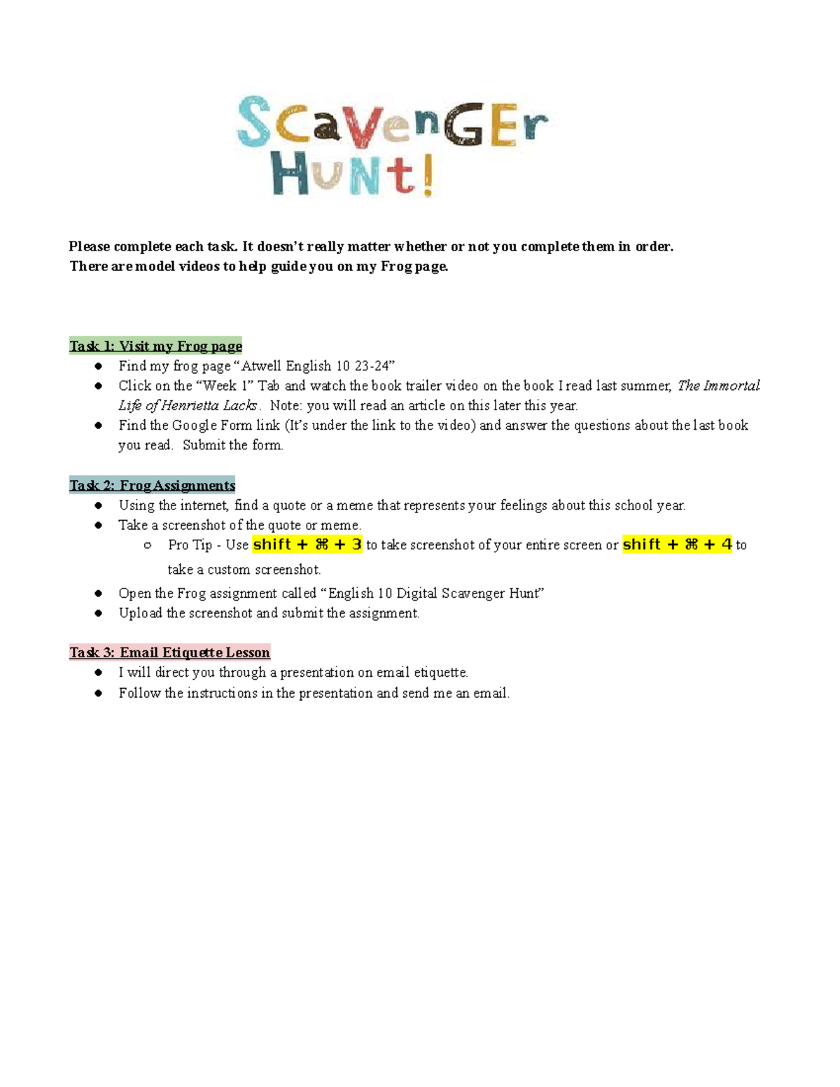 Atwell English 10 Digital Scavenger Hunt 23-24 1 - Please complete each ...