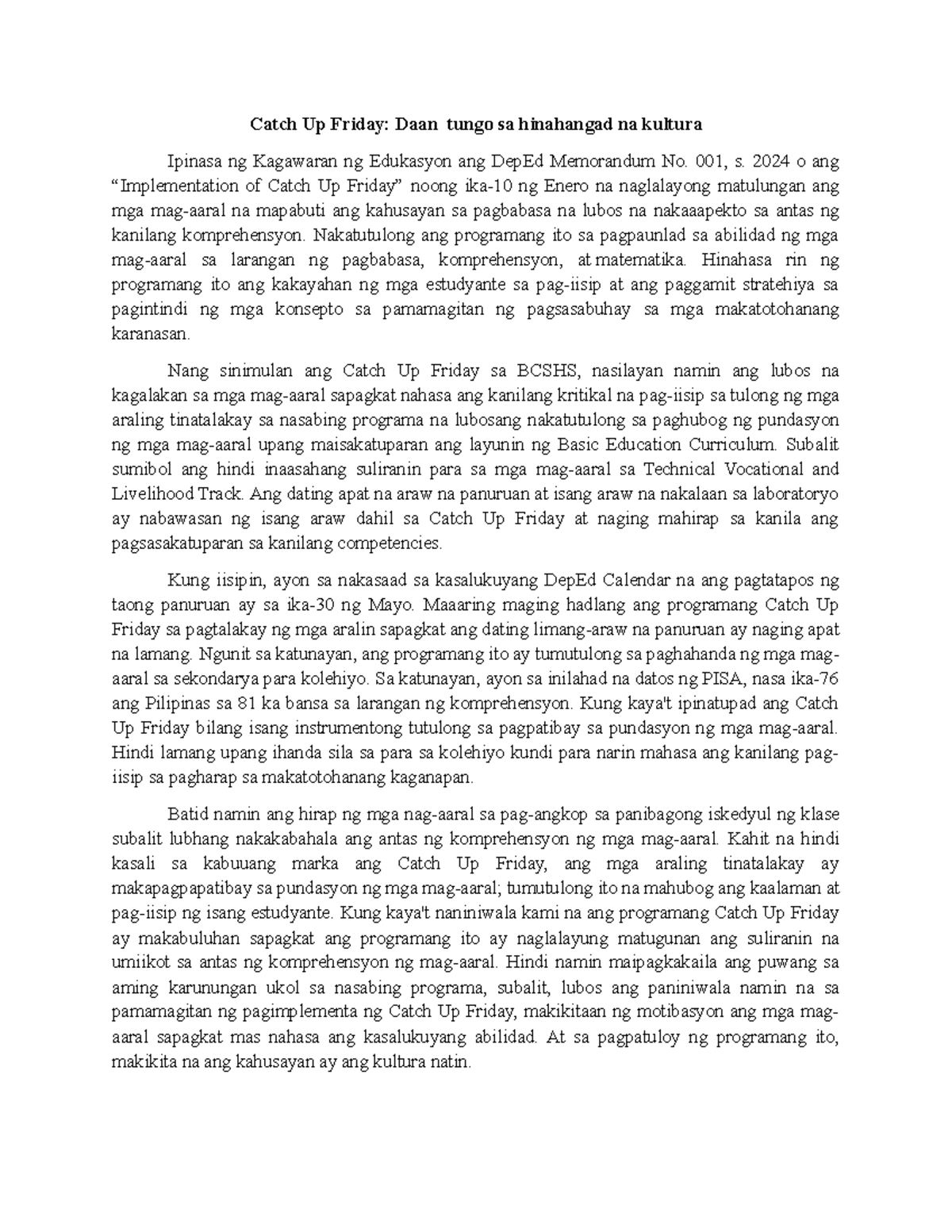 Catch Up Friday (revised) - Catch Up Friday: Daan tungo sa hinahangad na kultura Ipinasa ng ...