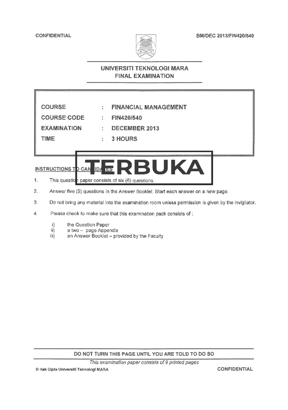 FIN pastyear DEC 2013 - Fin - CONFIDENTIAL UNIVERSITI TEKNOLOGI MARA FINAL EXAMINATION COURSE ...