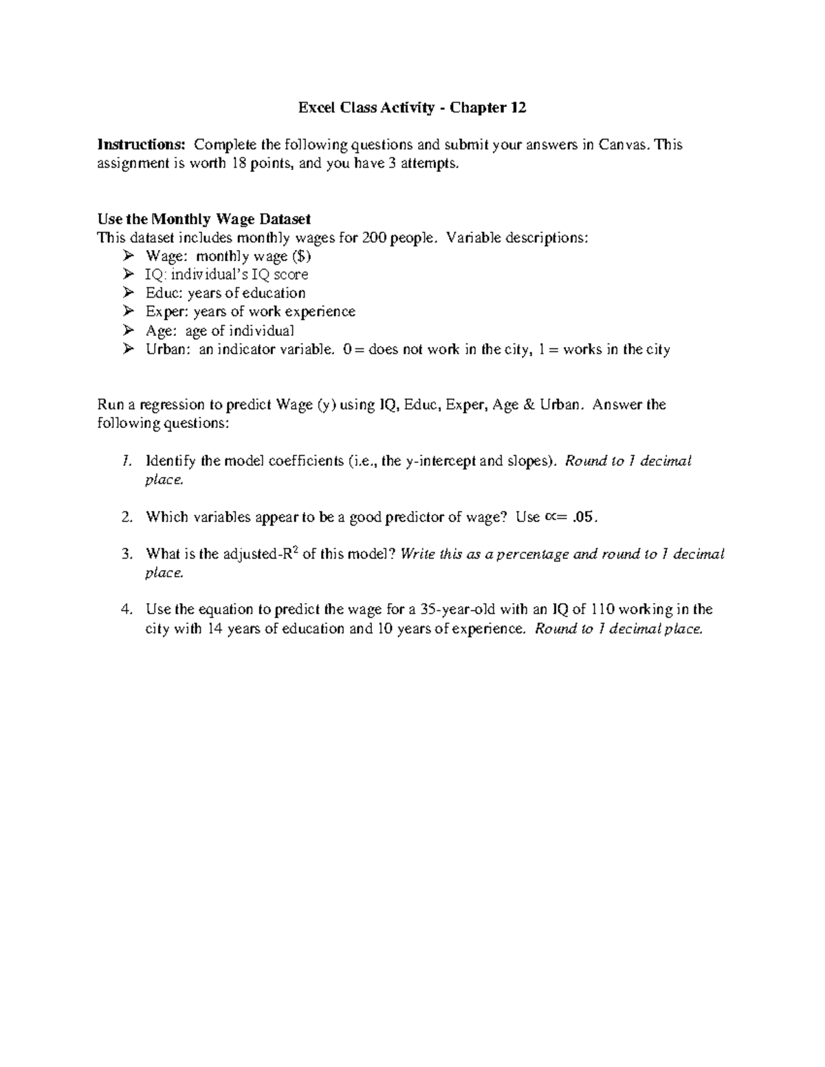 Excel Class Activity - Ch 12-1 - Excel Class Activity - Chapter 12 Instructions: Complete the ...
