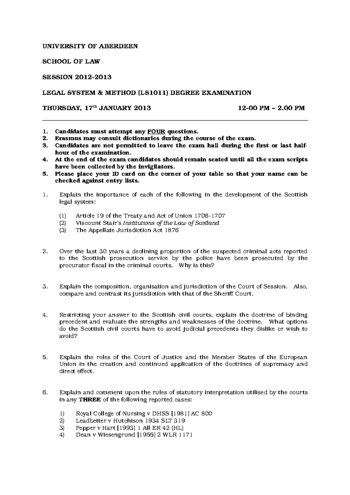 LS1011 Legal System and Method Exam Paper - UNIVERSITY OF ABERDEEN ...