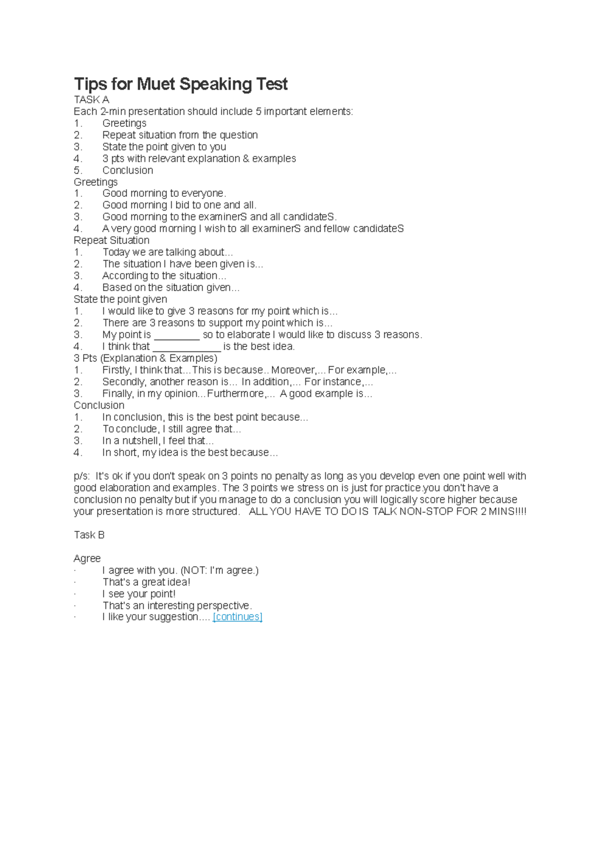 TIPS FOR MUET Speaking TEST - Tips for Muet Speaking Test TASK A Each 2 ...