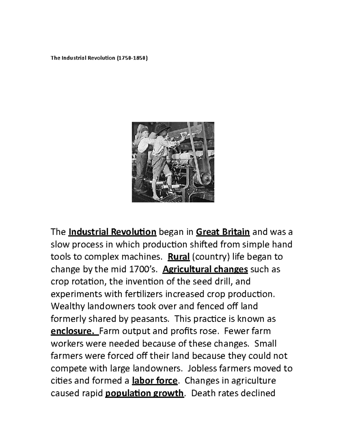 The industrial revolution notes - The Industrial Revolution (1750-1850 ...