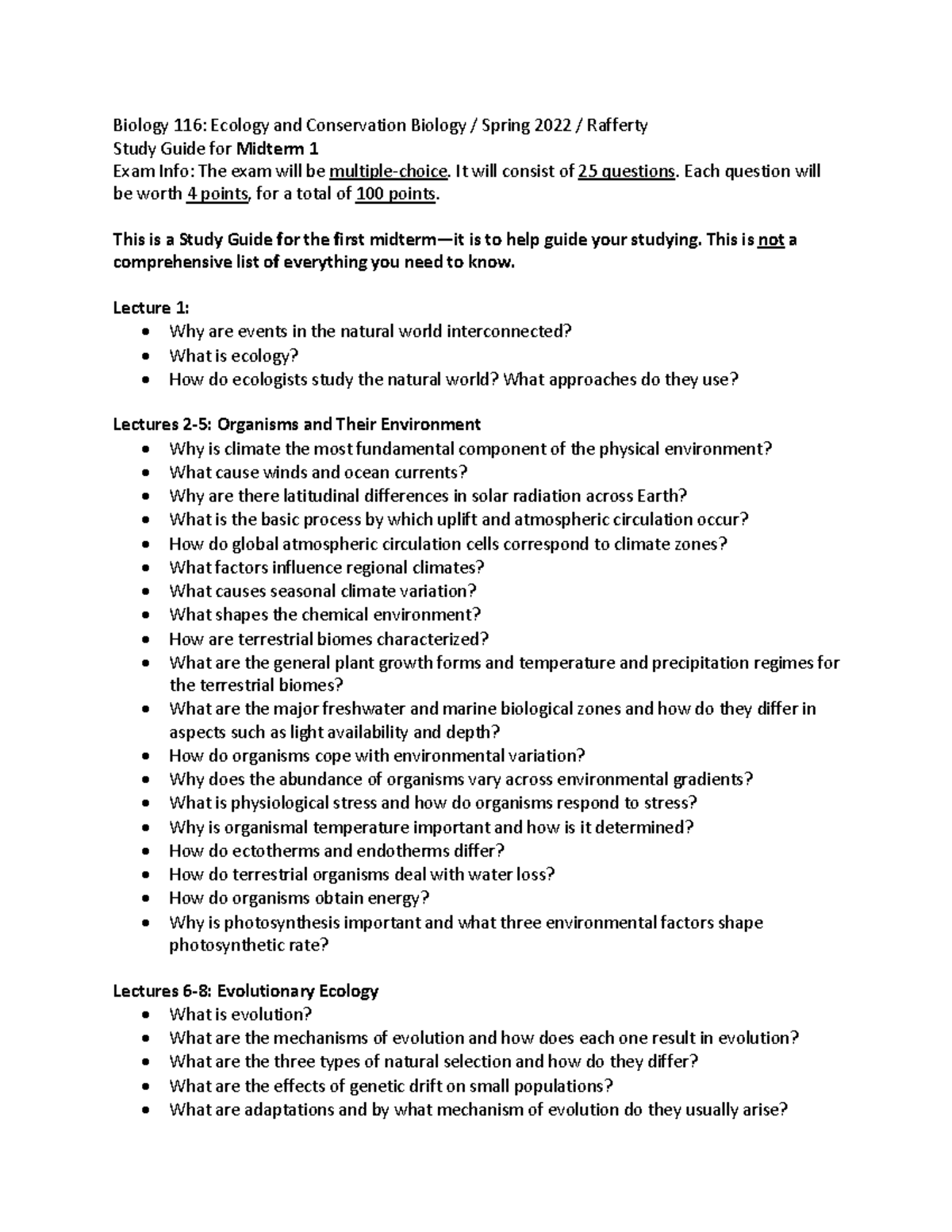 Study Guide MT1 Biol116 S22 - Biology 116: Ecology and Conservation ...