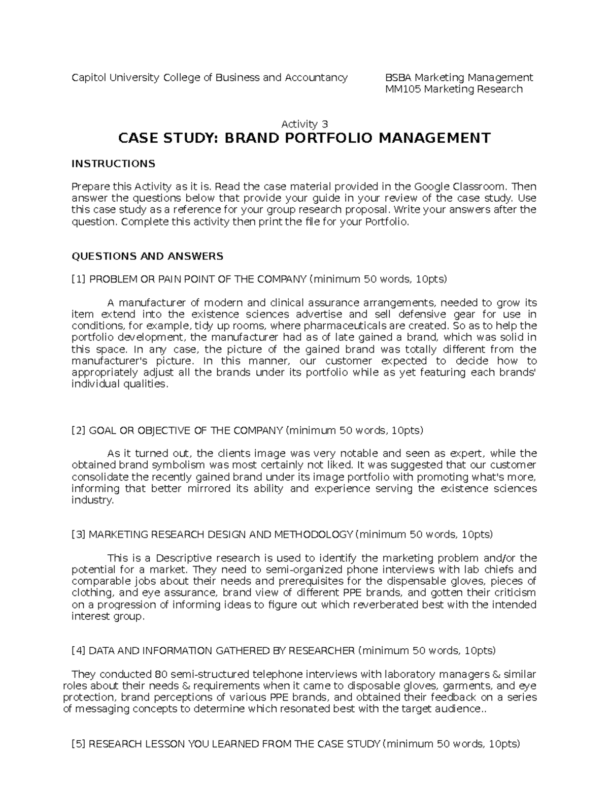 CASE Study Brand Portfolio Management - Capitol University College of ...