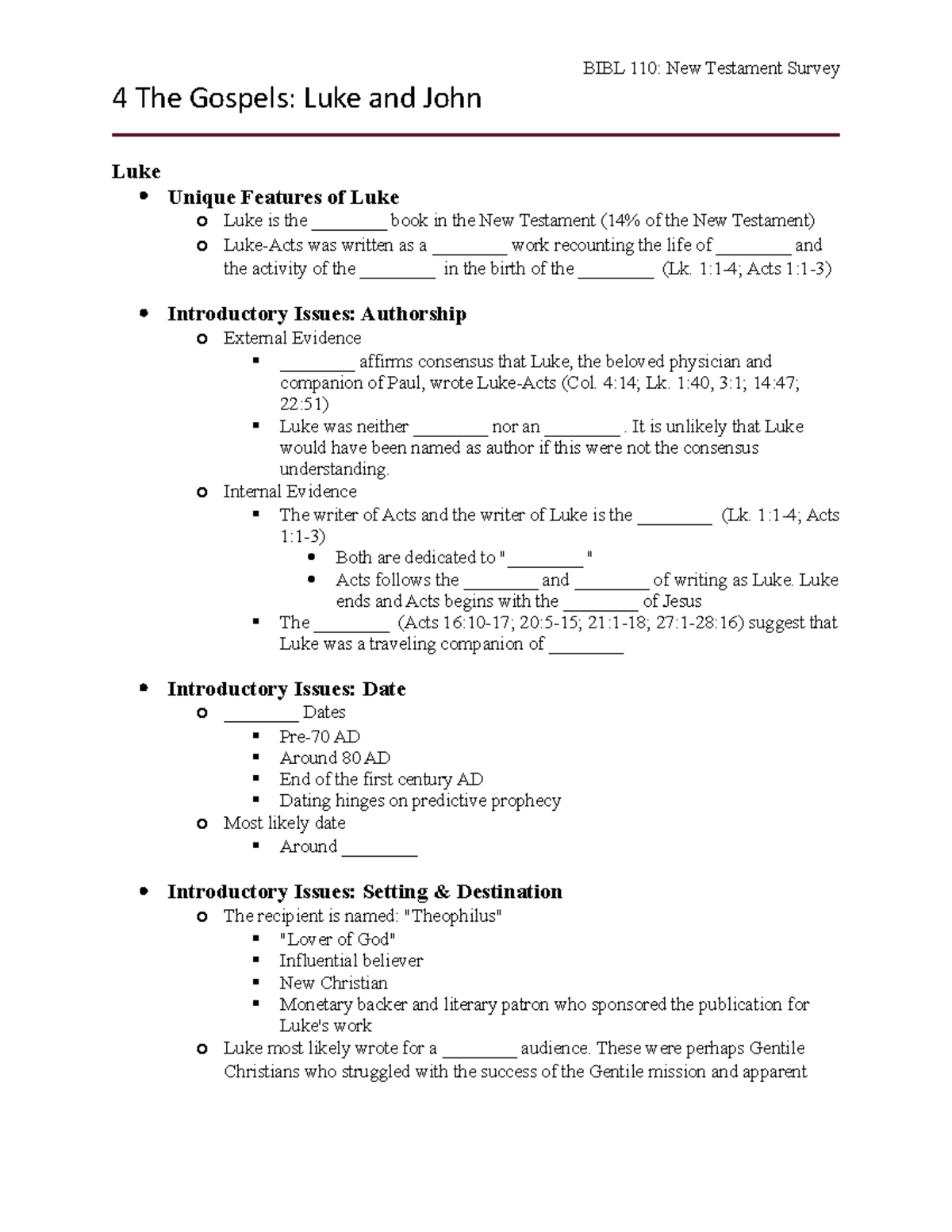 4 Gospels- Luke and John - BIBL 110: New Testament Survey 4 The Gospels ...