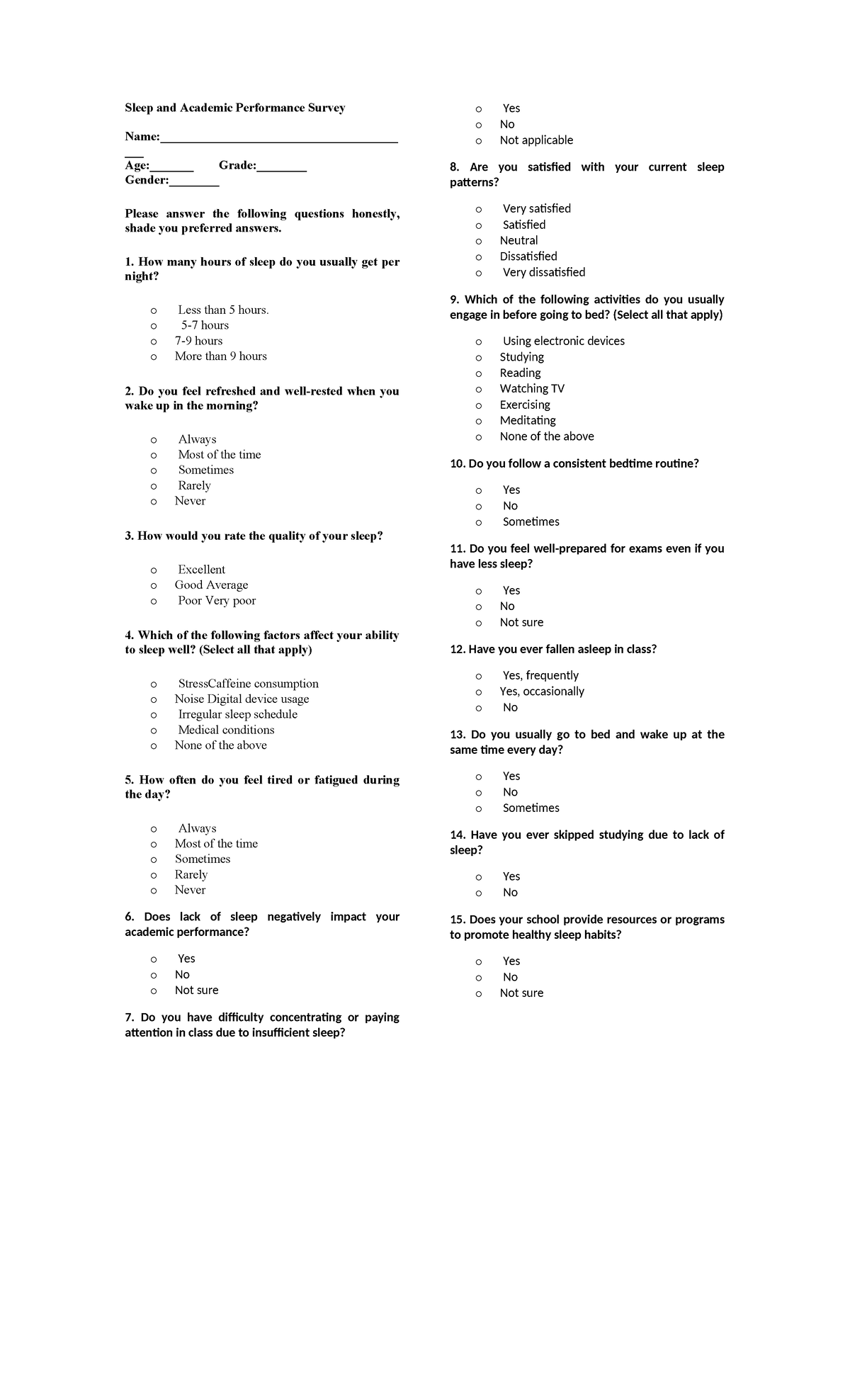 Rianne&carlsurveyquestionaire - Sleep and Academic Performance Survey ...