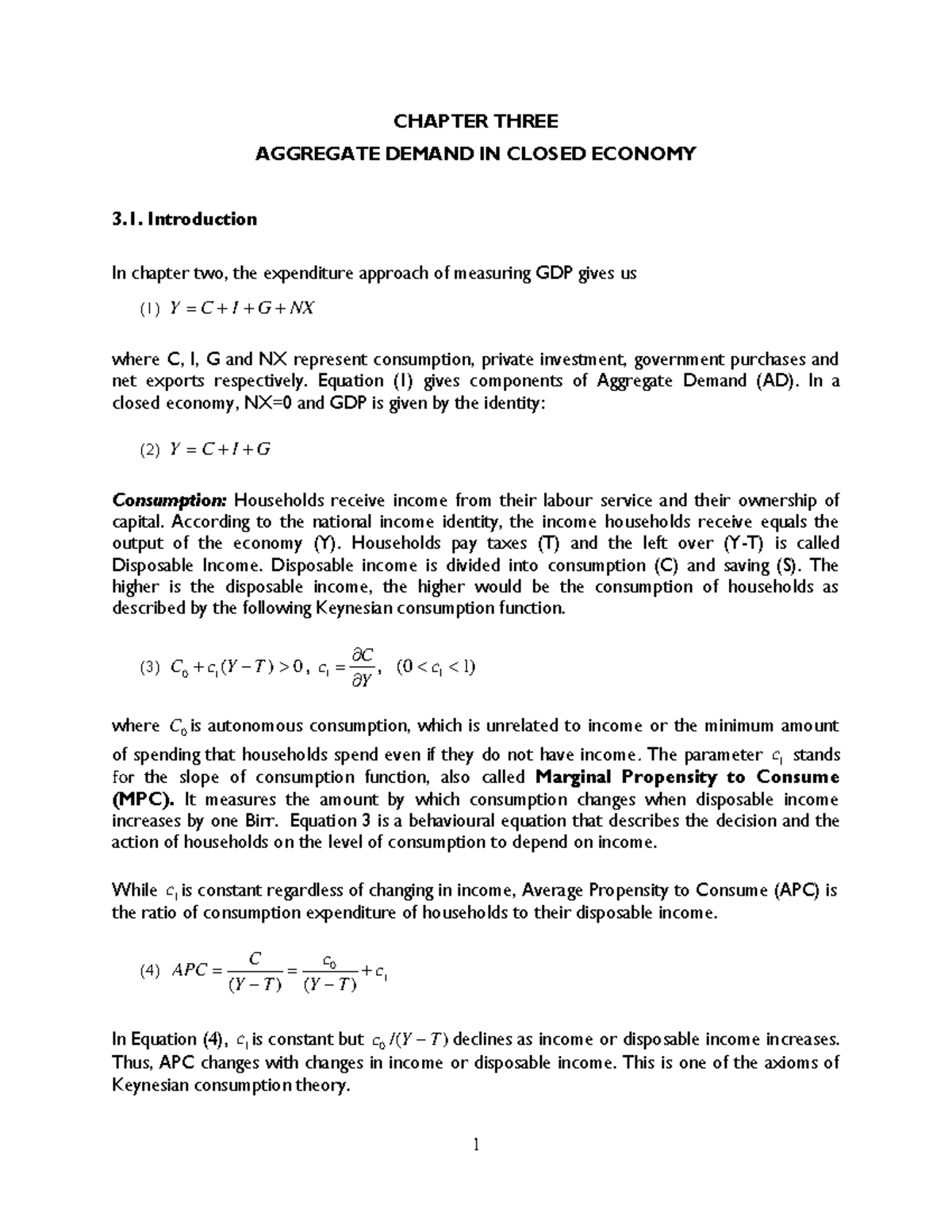 Macro economics chapter 3 - CHAPTER THREE AGGREGATE DEMAND IN CLOSED ...