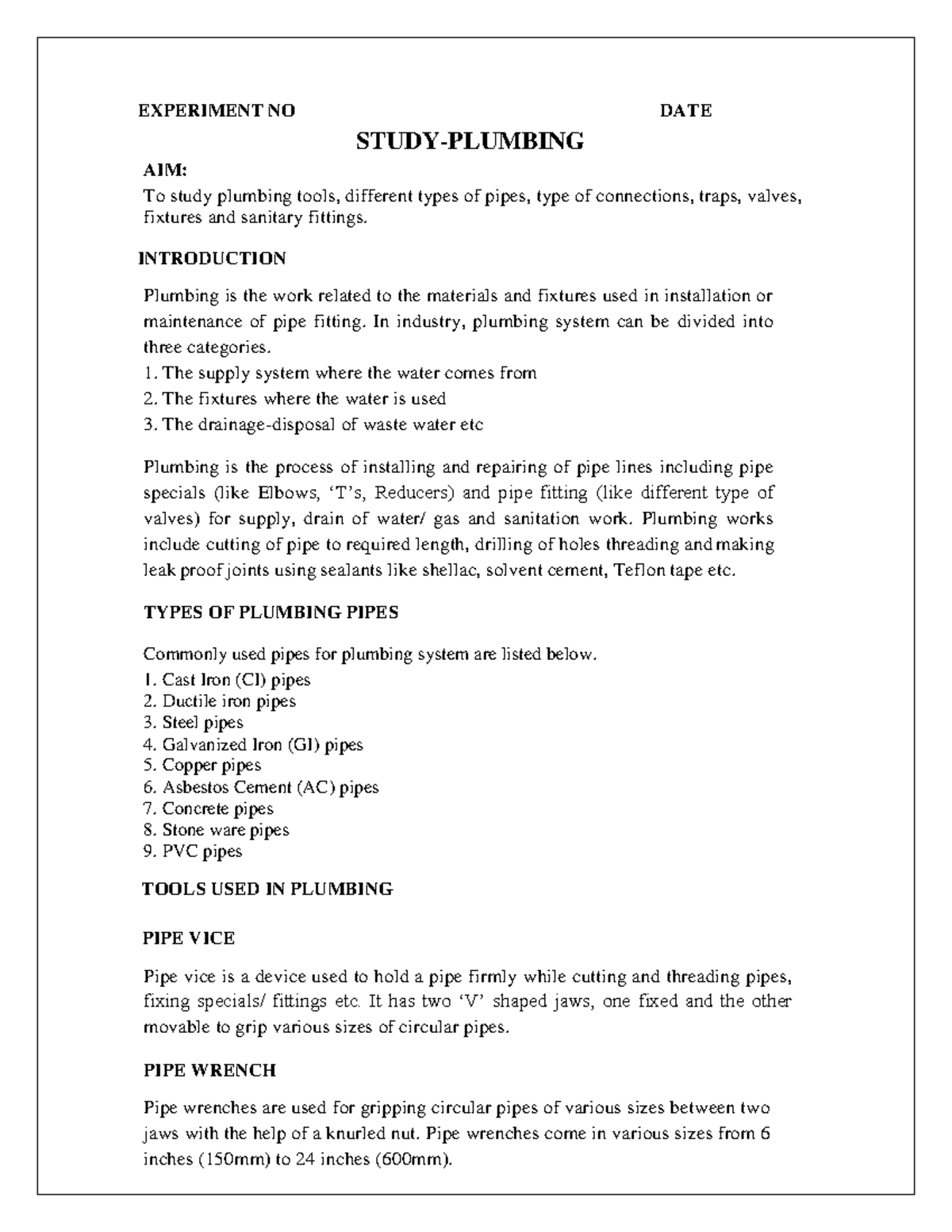 Plumbing - Notes - EXPERIMENT NO DATE STUDY-PLUMBING AIM: To study ...