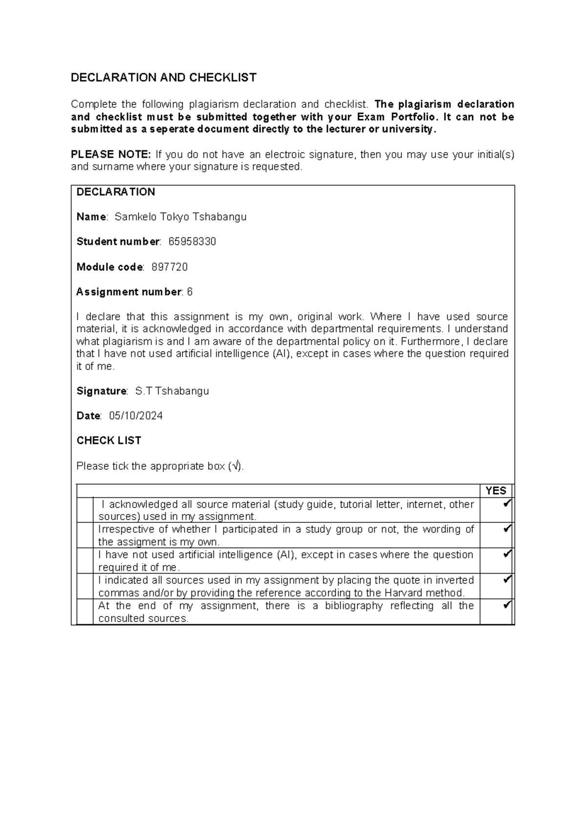 Assessment 6 Portfolio - DECLARATION AND CHECKLIST Complete the ...