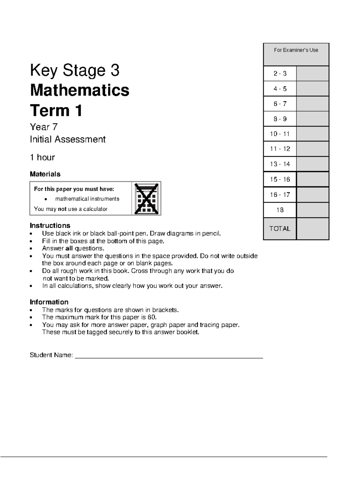 Initial Assessment Paper - Key Stage 3 Mathematics Term 1 Year 7 ...
