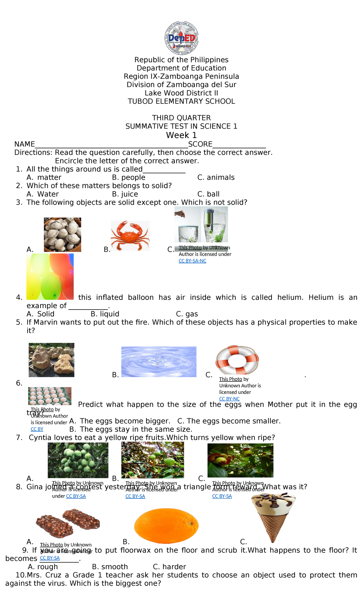 Summative TEST Grade 1 Written AND Performance TEST - Republic of the ...