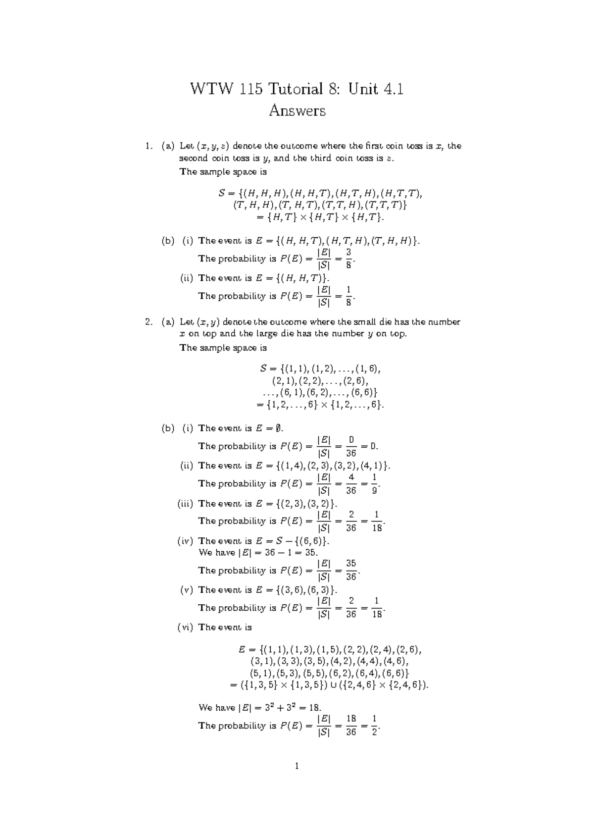 Tutorial 08Answers - tut - WTW 115 Tutorial 8: Unit 4. Answers (a) Let ...