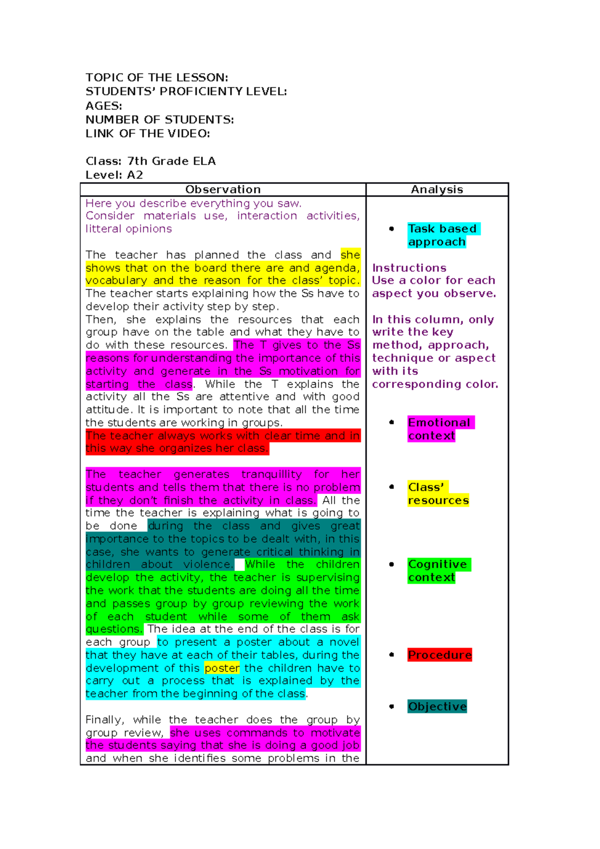 Observation analysis format - TOPIC OF THE LESSON: STUDENTS ...