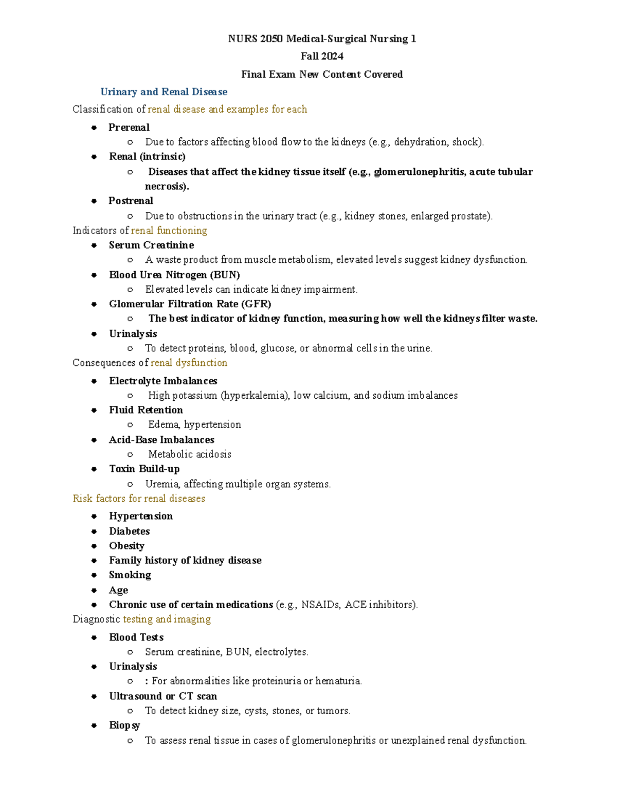 Med-surg 1 Final Study Guide - NURS 2050 Medical-Surgical Nursing 1 Fall 2024 Final Exam New ...