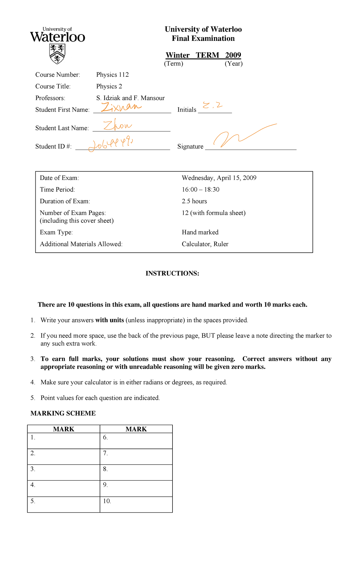 Final exam 12 April, questions and answers - University of Waterloo ...