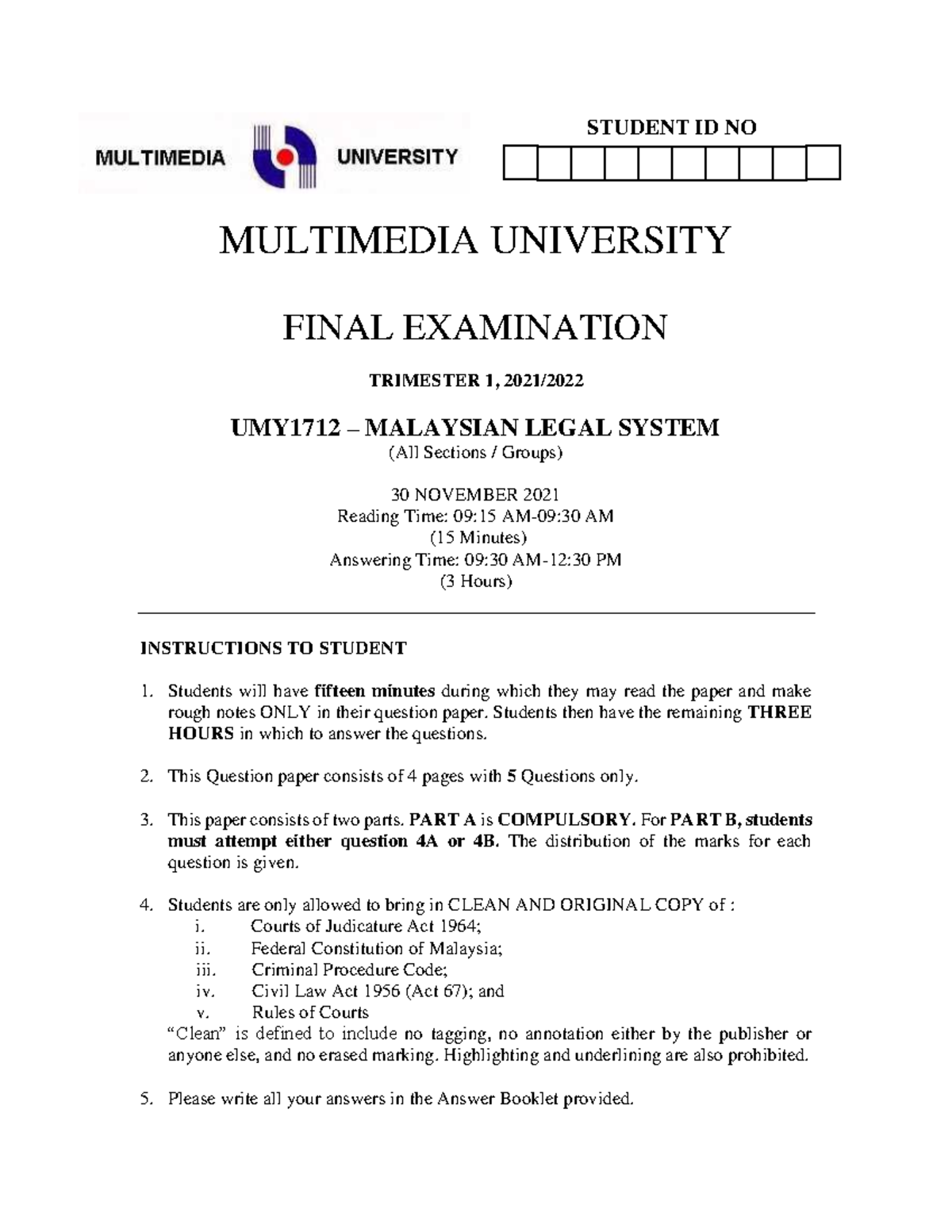 UMY1712 Final Exam Question 301121 - MULTIMEDIA UNIVERSITY FINAL ...