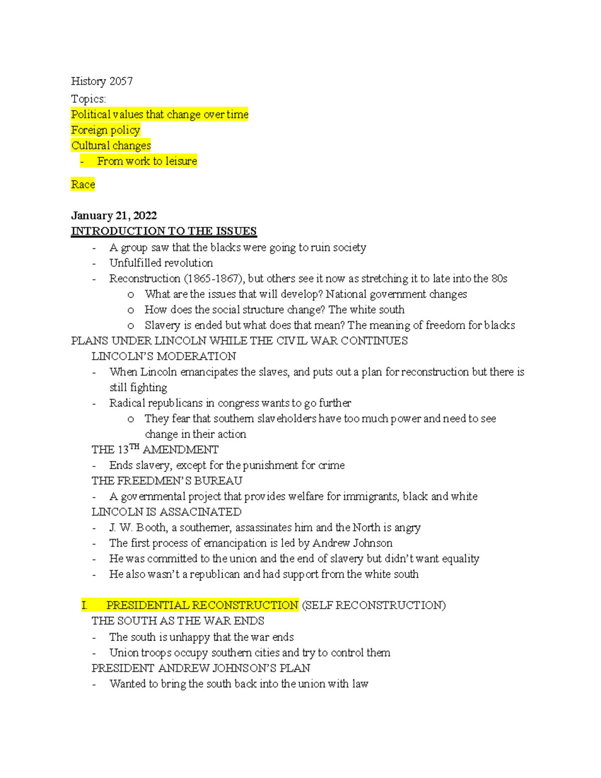 History 2057 - Notes taken each day in class, with highlights and ...