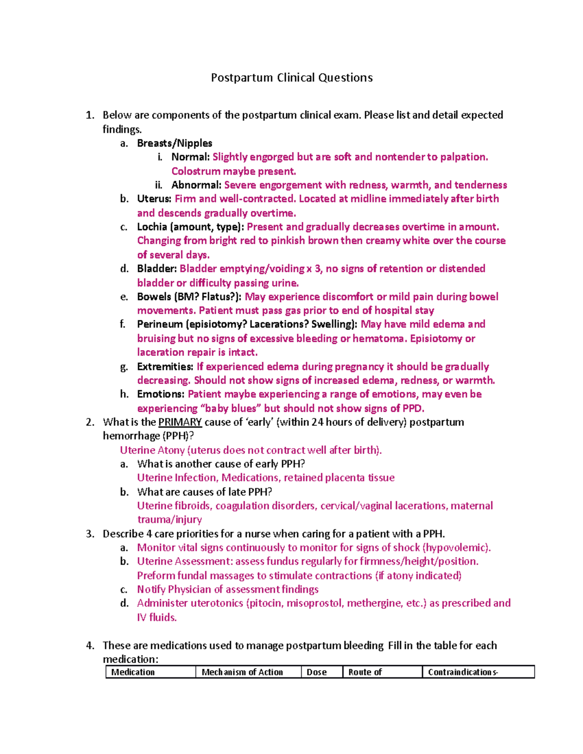 Postpartum Clinical Questions - Postpartum Clinical Questions Below are ...