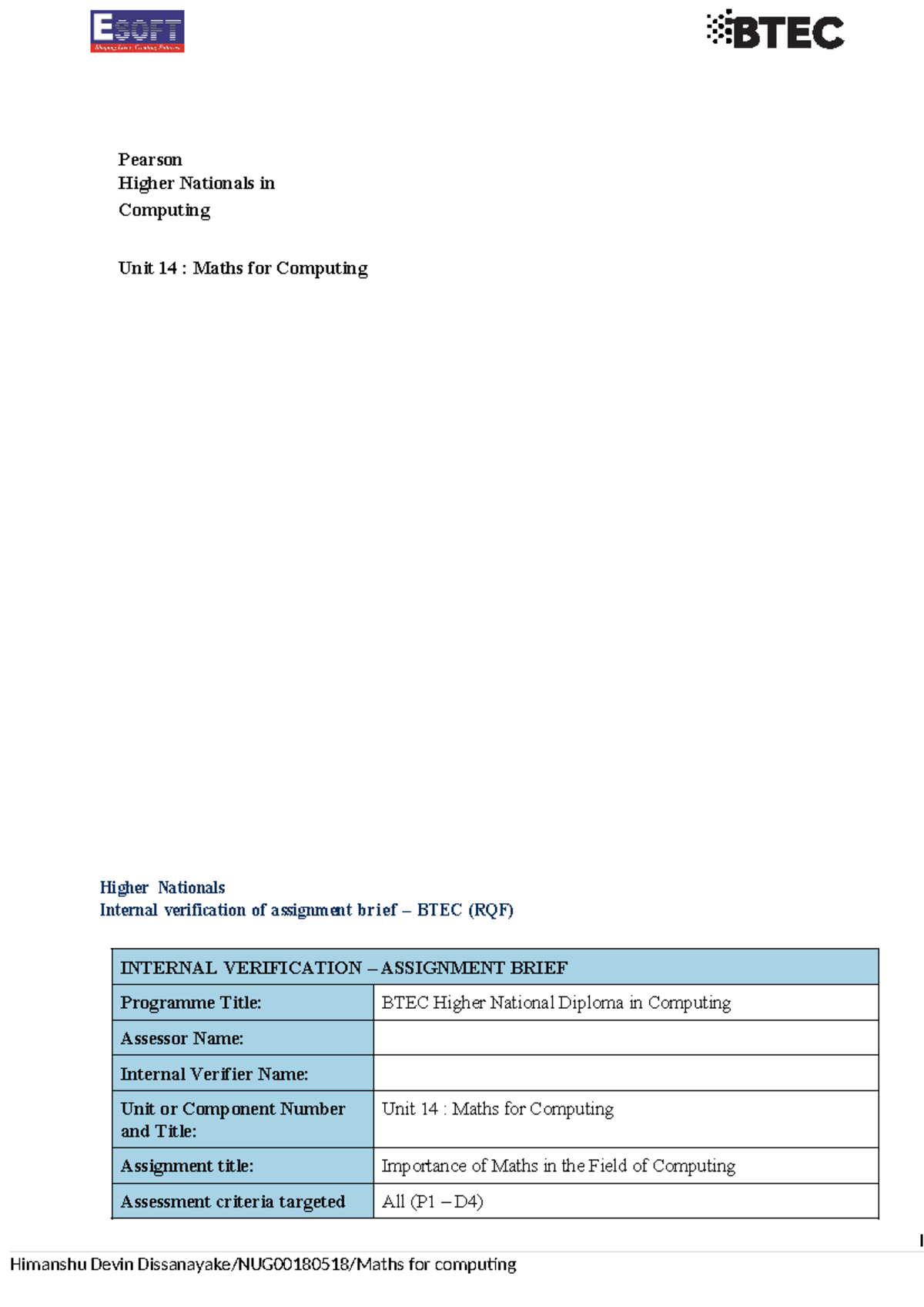3843-1679899855125-UNIT 14 Maths FOR Computing - Pearson Higher Nationals in Computing Unit 14 ...