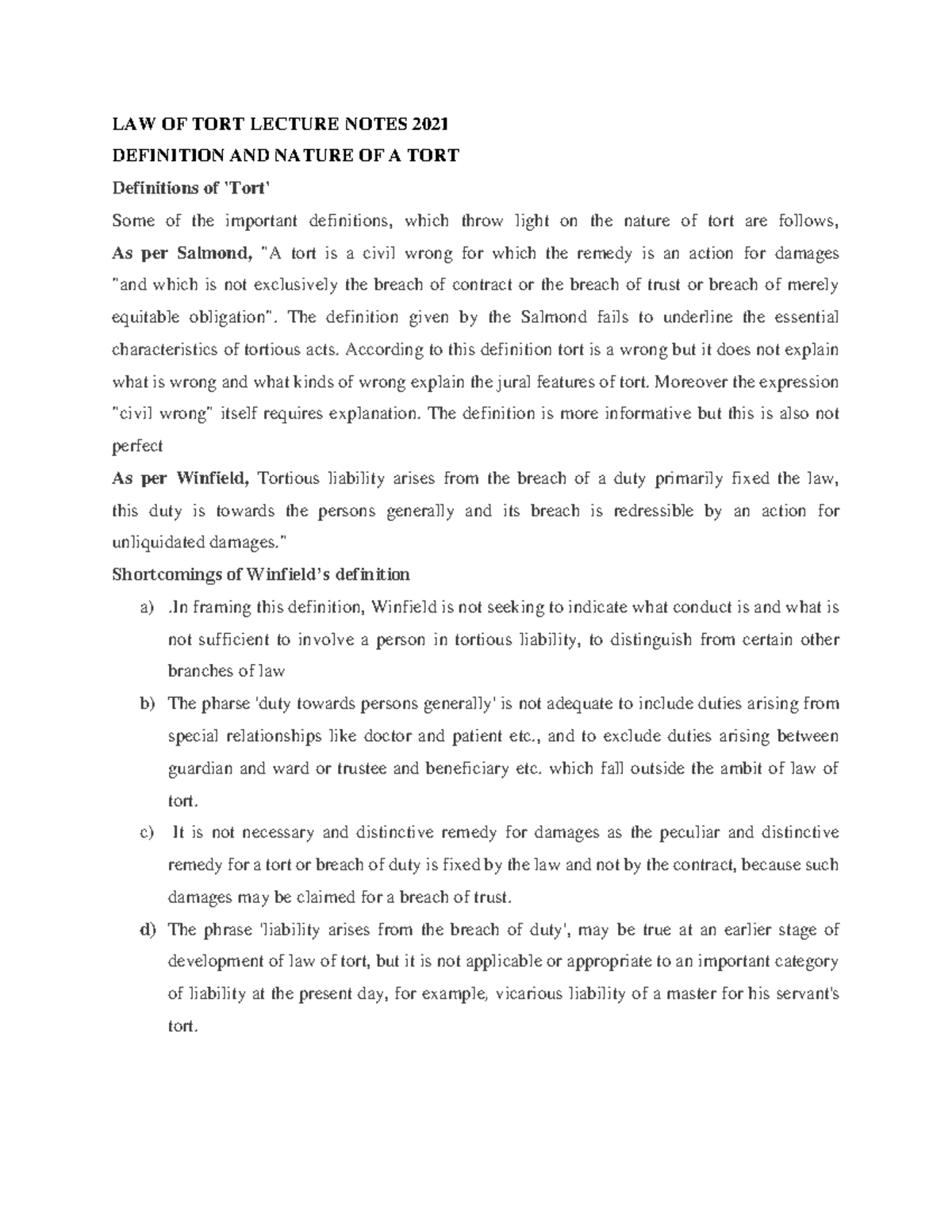 Meaning and nature of Torts, introduction to law of torts - LAW OF TORT ...